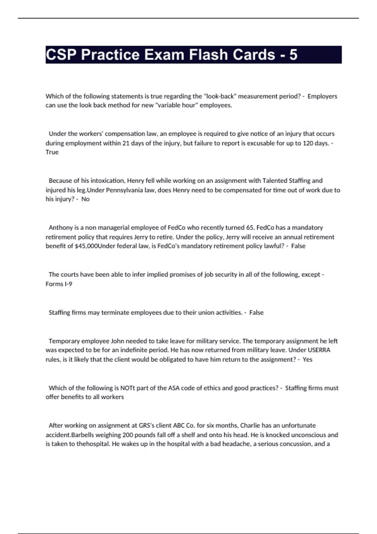 CSP Practice Exam Flash Cards - 5 - CSP Practice - Stuvia US