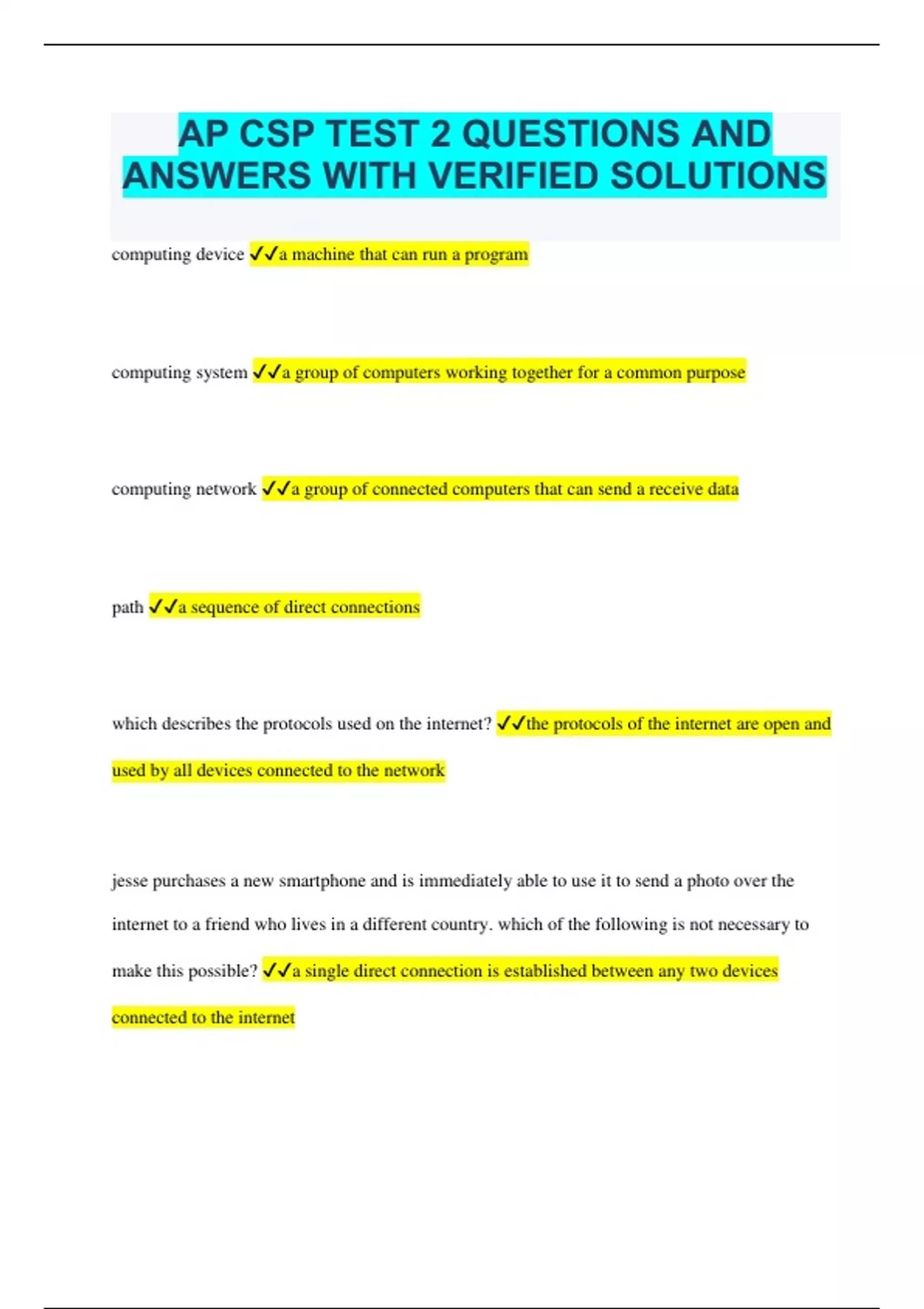 Ap Csp Test 2 Questions And Answers With Verified Solutions Ap Csp Stuvia Us