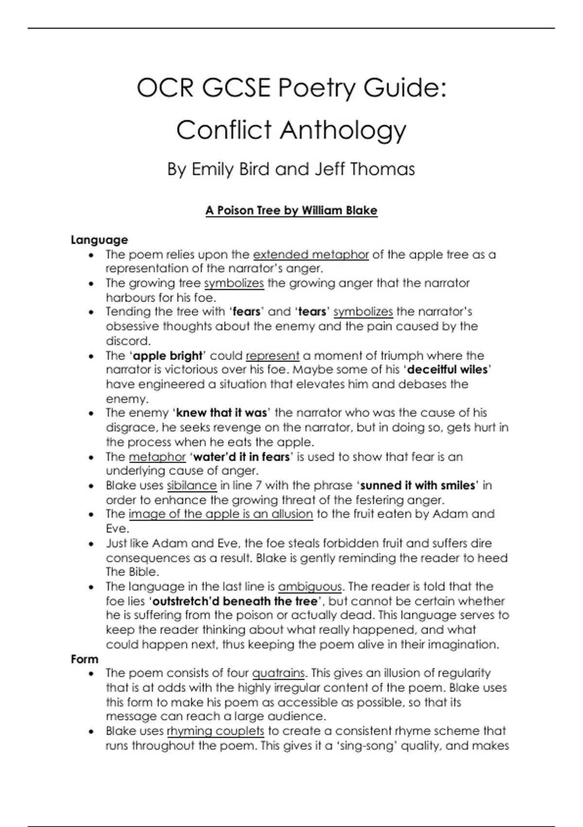Summary OCR Eng Lit GCSE Poetry analysis for conflict - English - Stuvia UK