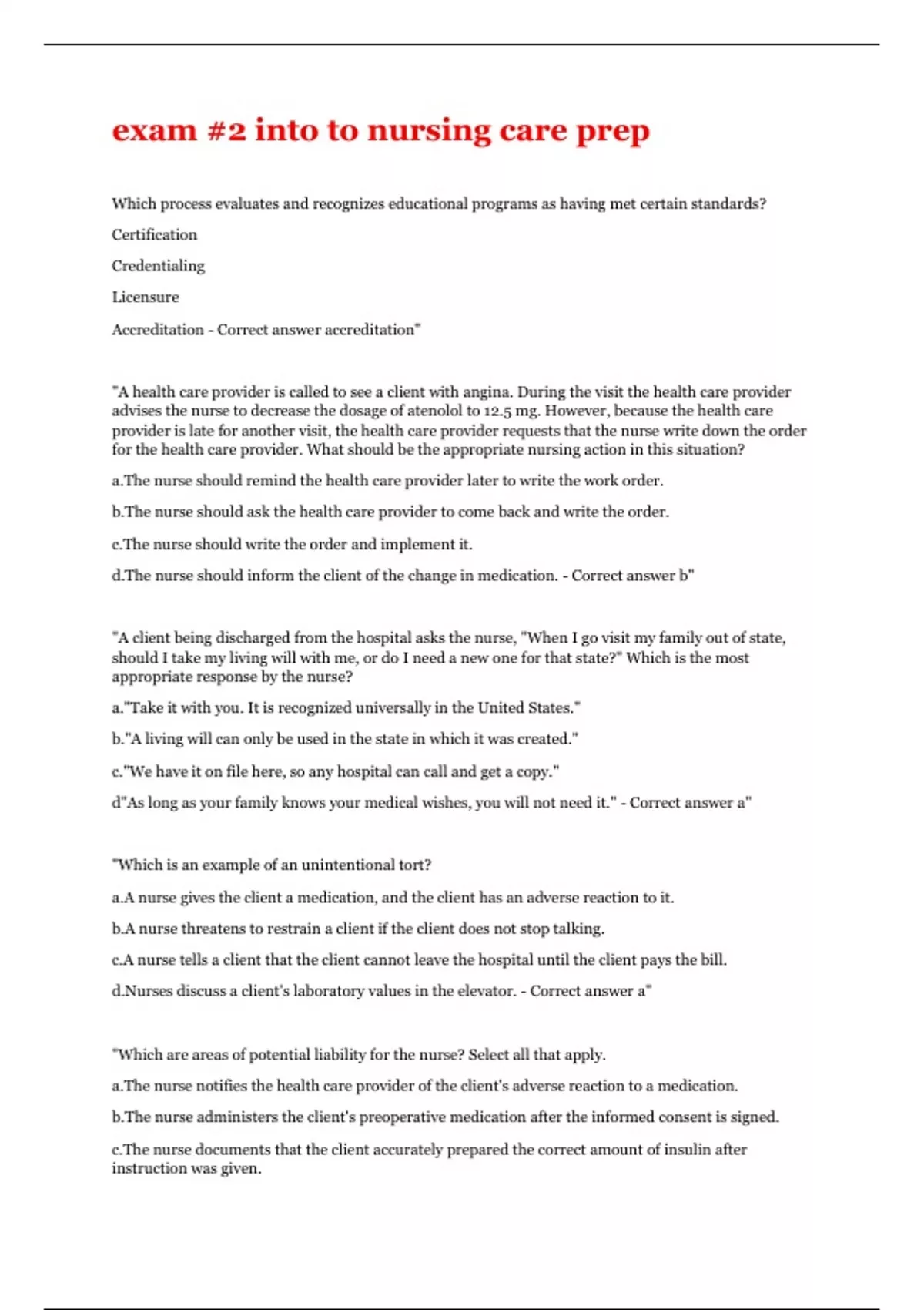 exam #2 into to nursing care prep questions with 100% correct answers ...