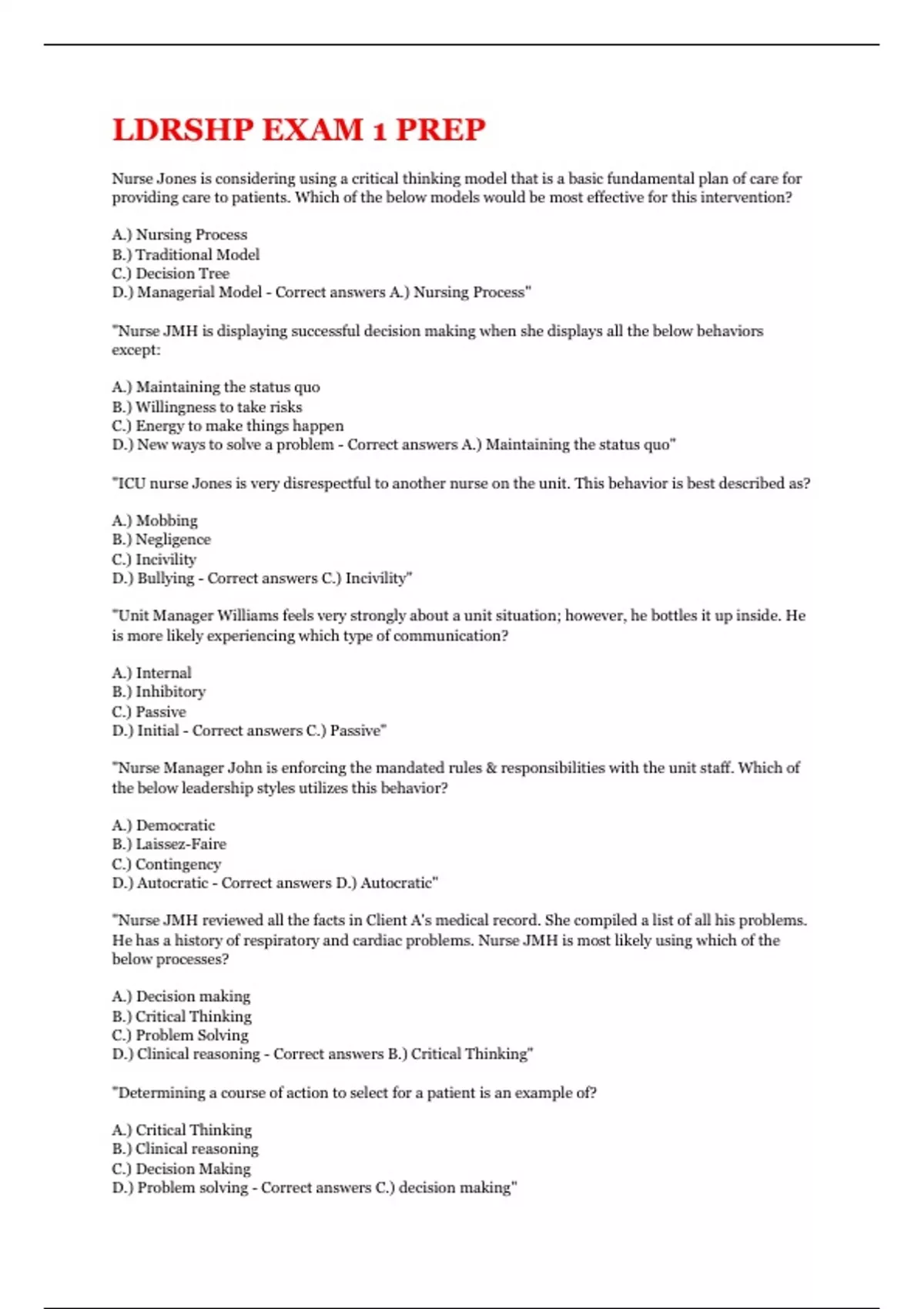 LDRSHP EXAM 1 PREP questions with correct and verified answers. - Ancc ...
