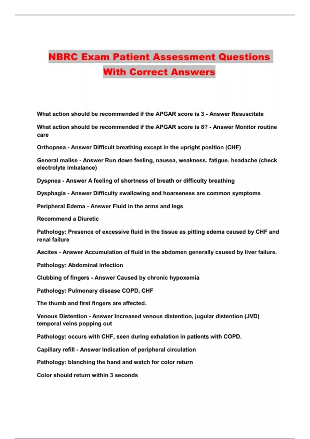 NBRC Exam Patient Assessment Questions With Correct Answers - NBRC ...