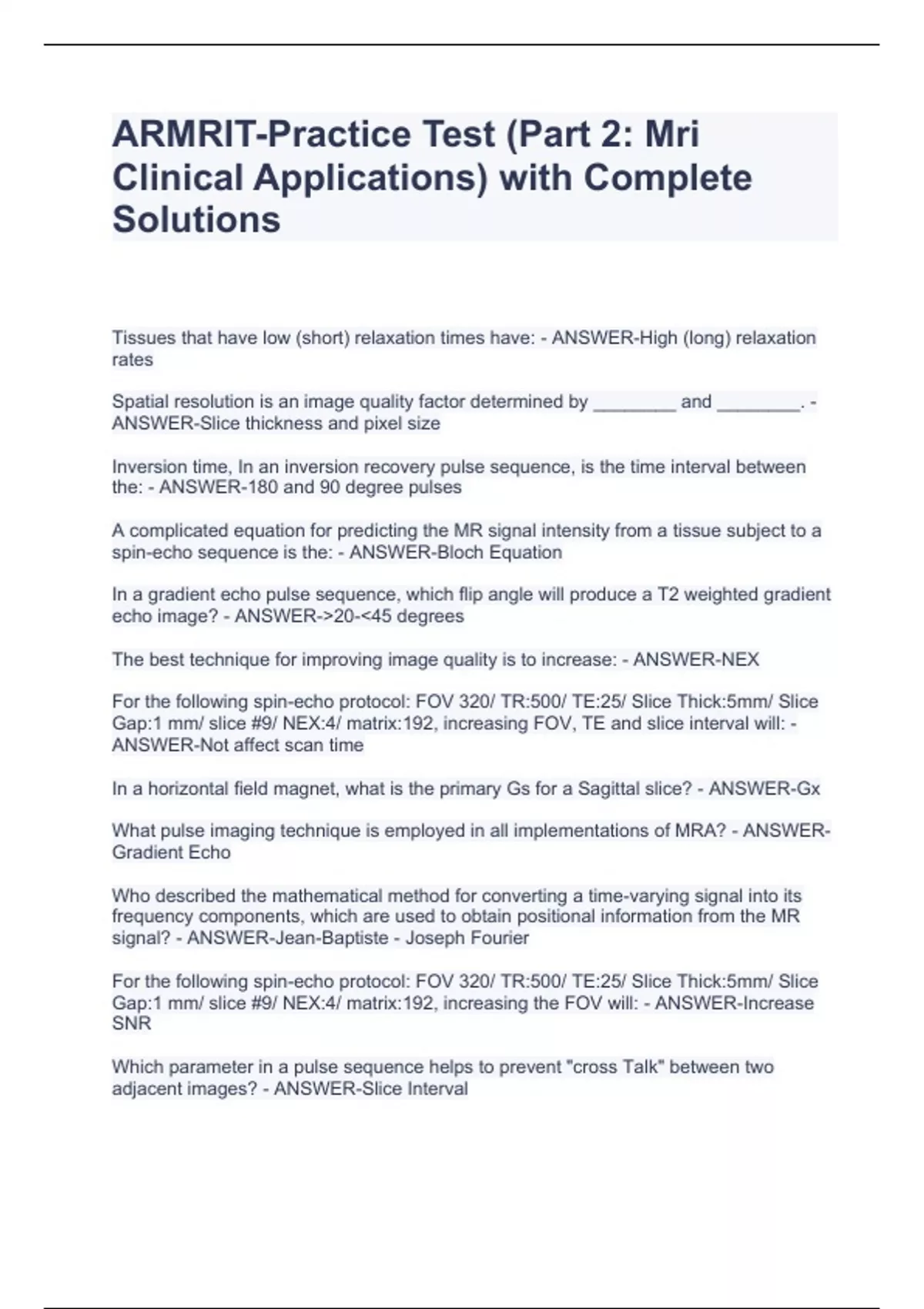 ARMRIT-Practice Test (Part 2: Mri Clinical Applications) with Complete ...