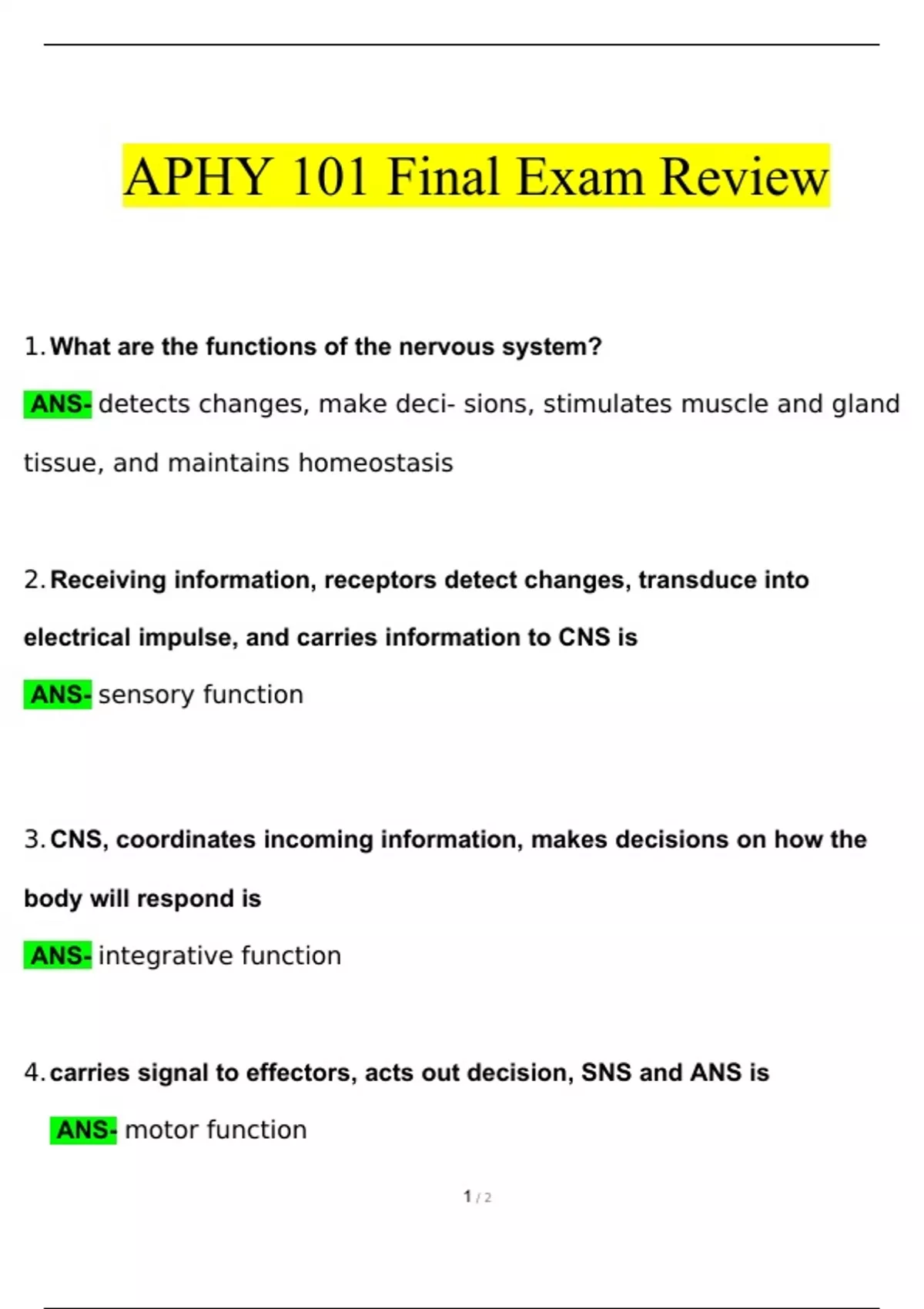 APHY 101 Final Exam Review Latest Questions and Answers (2024 / 2025 ...