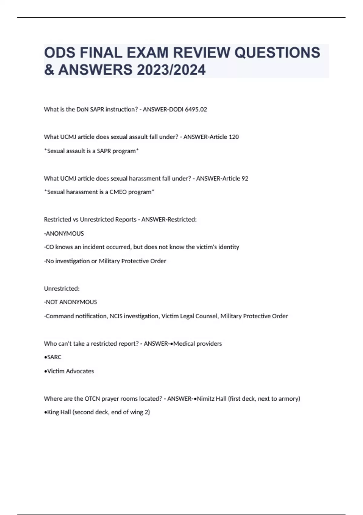 ODS FINAL EXAM REVIEW QUESTIONS & ANSWERS 2023/2024 - ODS - Stuvia US