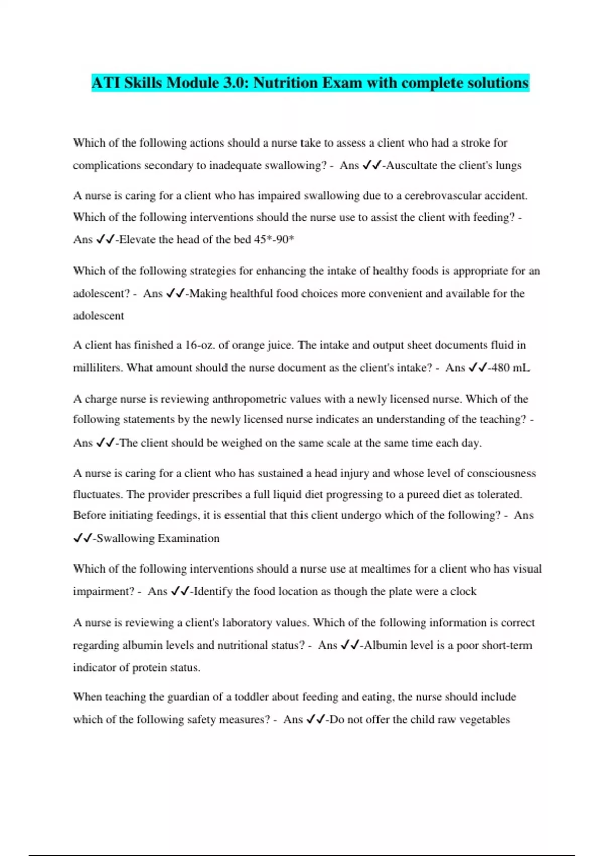 ATI Skills Module 3.0: Nutrition Exam with complete solutions - ATI ...