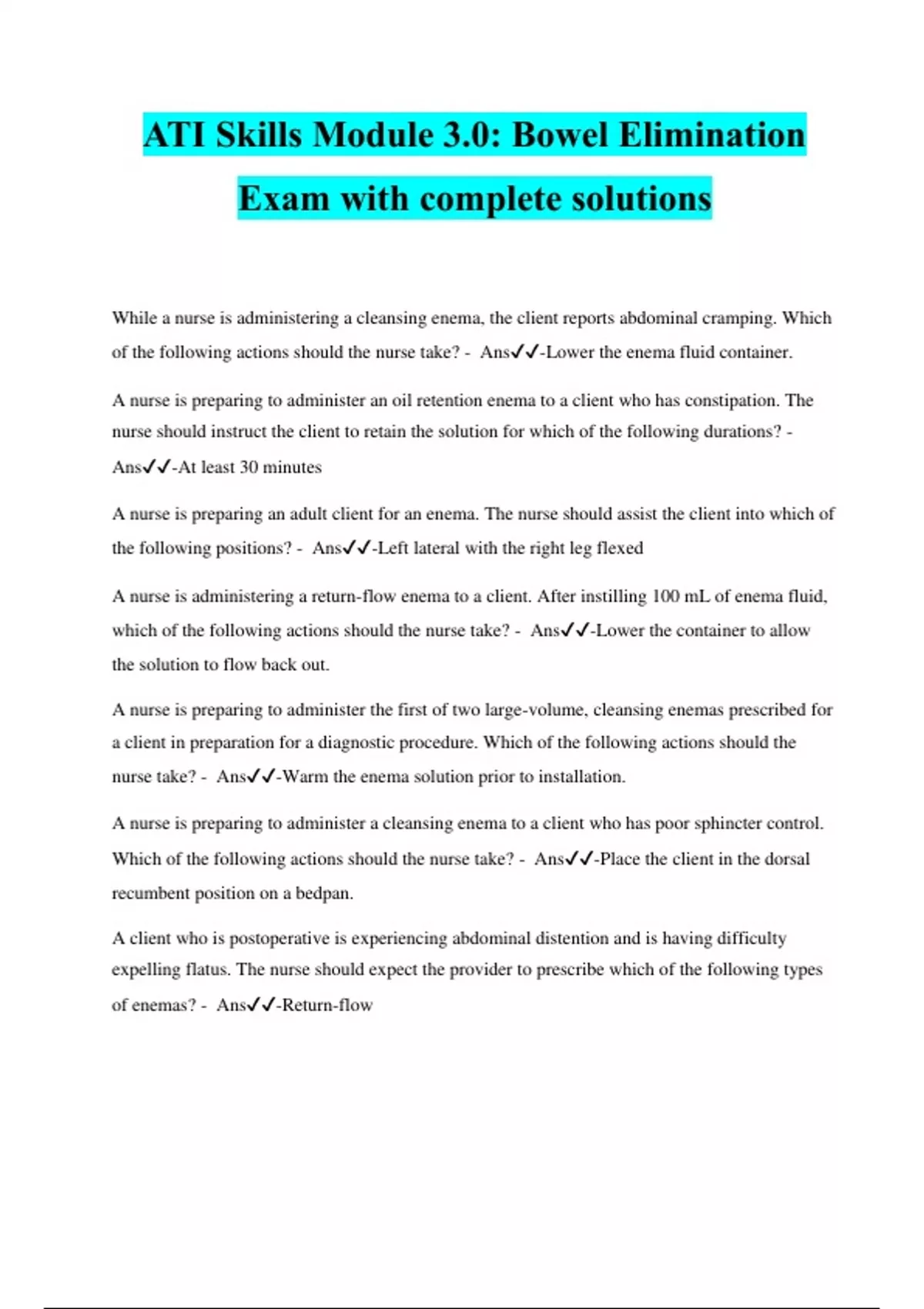 ATI Skills Module 3.0: Bowel Elimination Exam with complete solutions ...