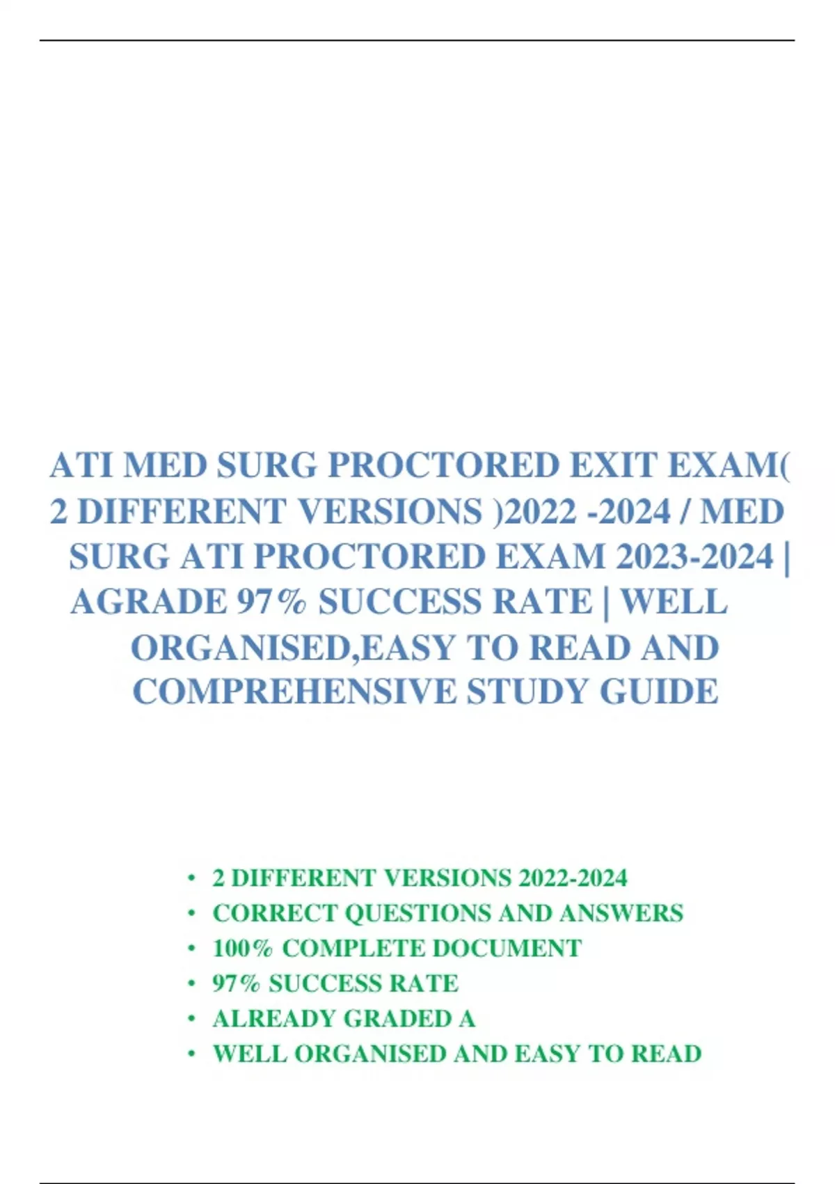 ATI MED SURG PROCTORED EXIT EXAM( 2 DIFFERENT VERSIONS ) / MED SURG ATI ...