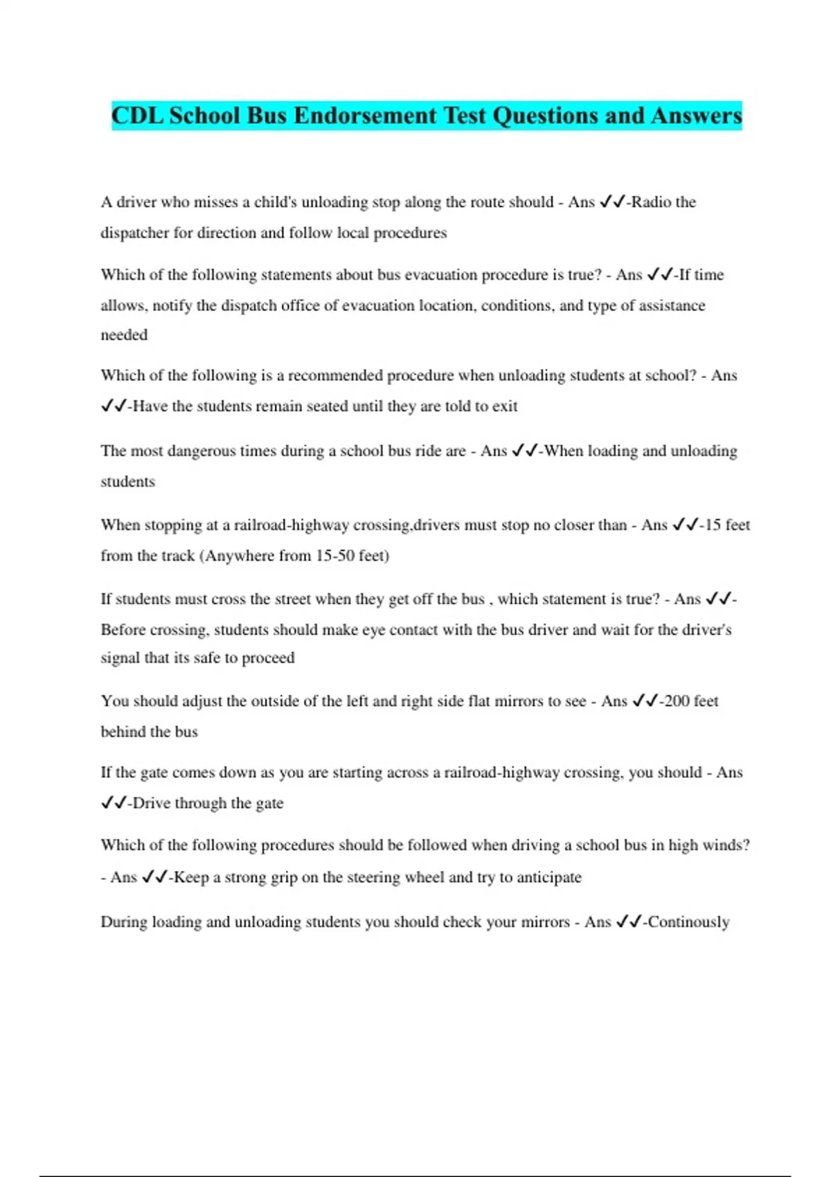 CDL School Bus Exam Bundle Pack with Complete Solutions | All Passed ...