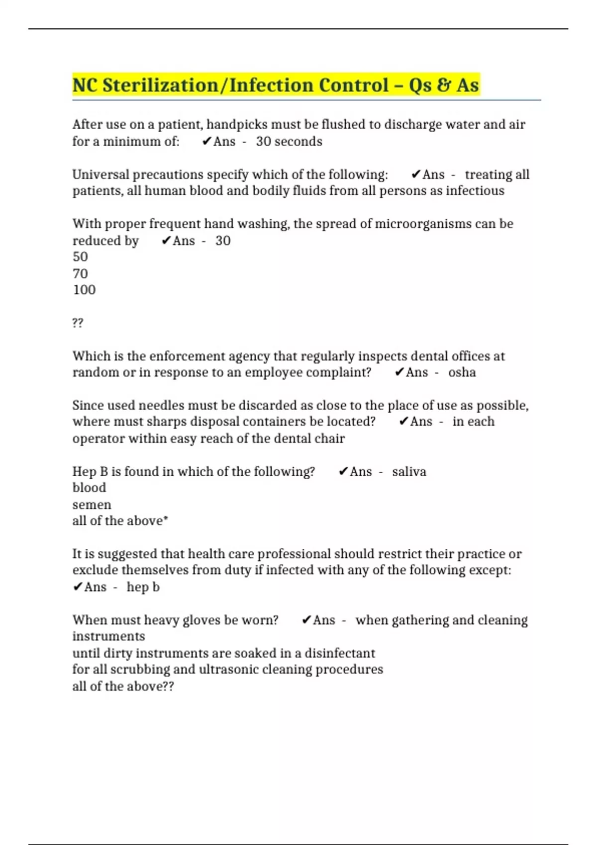 NC Sterilization/Infection Control – Qs & As - NC Dental - Stuvia US