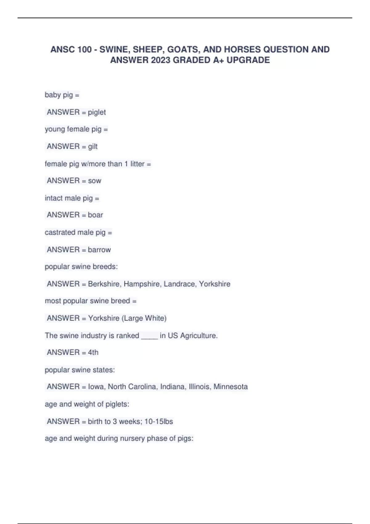 ANSC 100 - SWINE, SHEEP, GOATS, AND HORSES QUESTION AND ANSWER 2023 ...