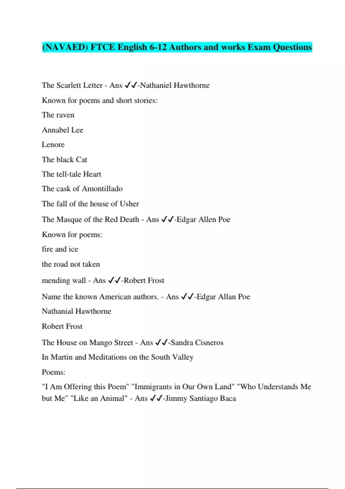 (NAVAED) FTCE English 6-12 Authors and works Exam Questions - FTCE ESE ...