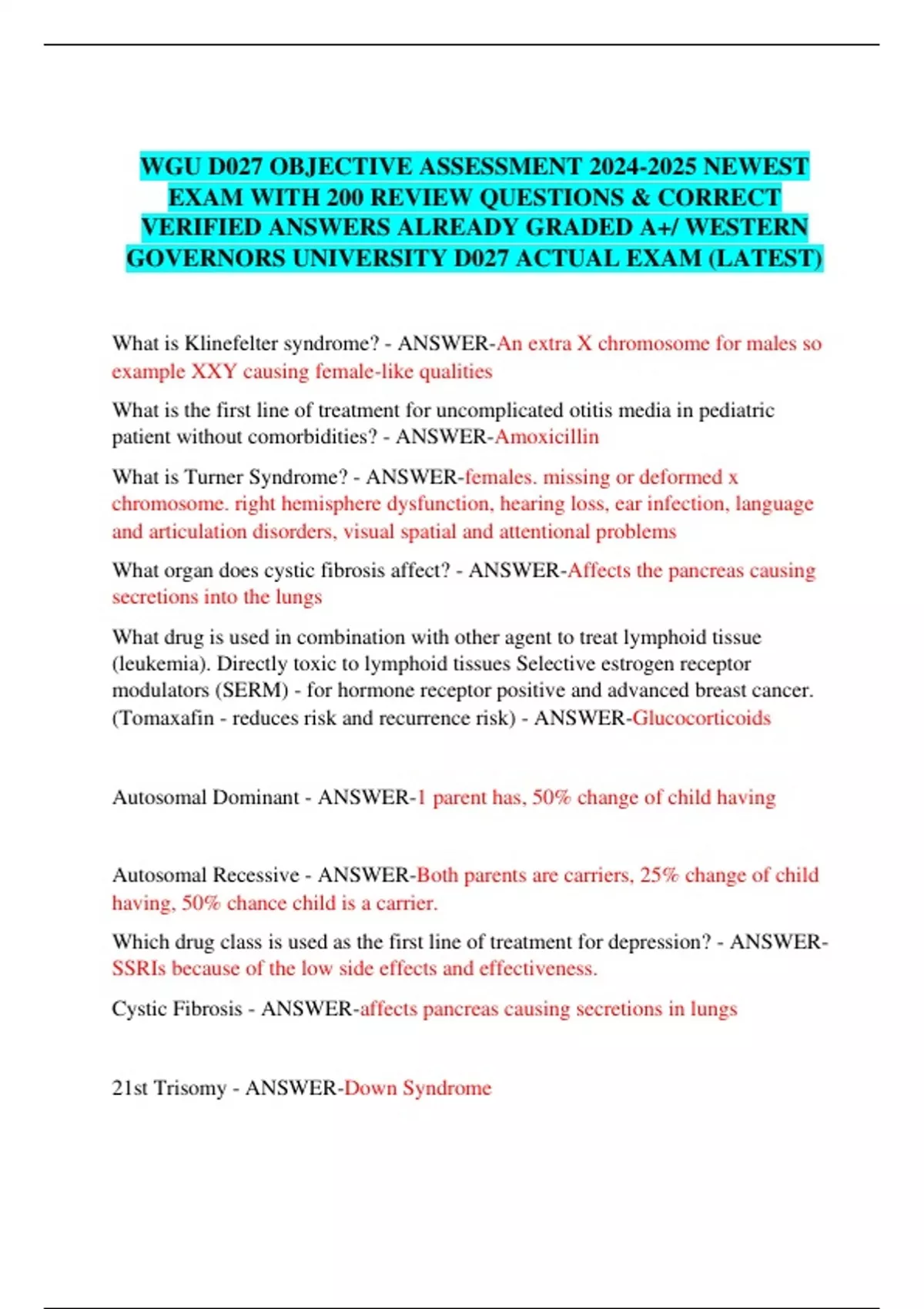 WGU D027 OBJECTIVE ASSESSMENT NEWEST EXAM WITH 200 REVIEW QUESTIONS ...