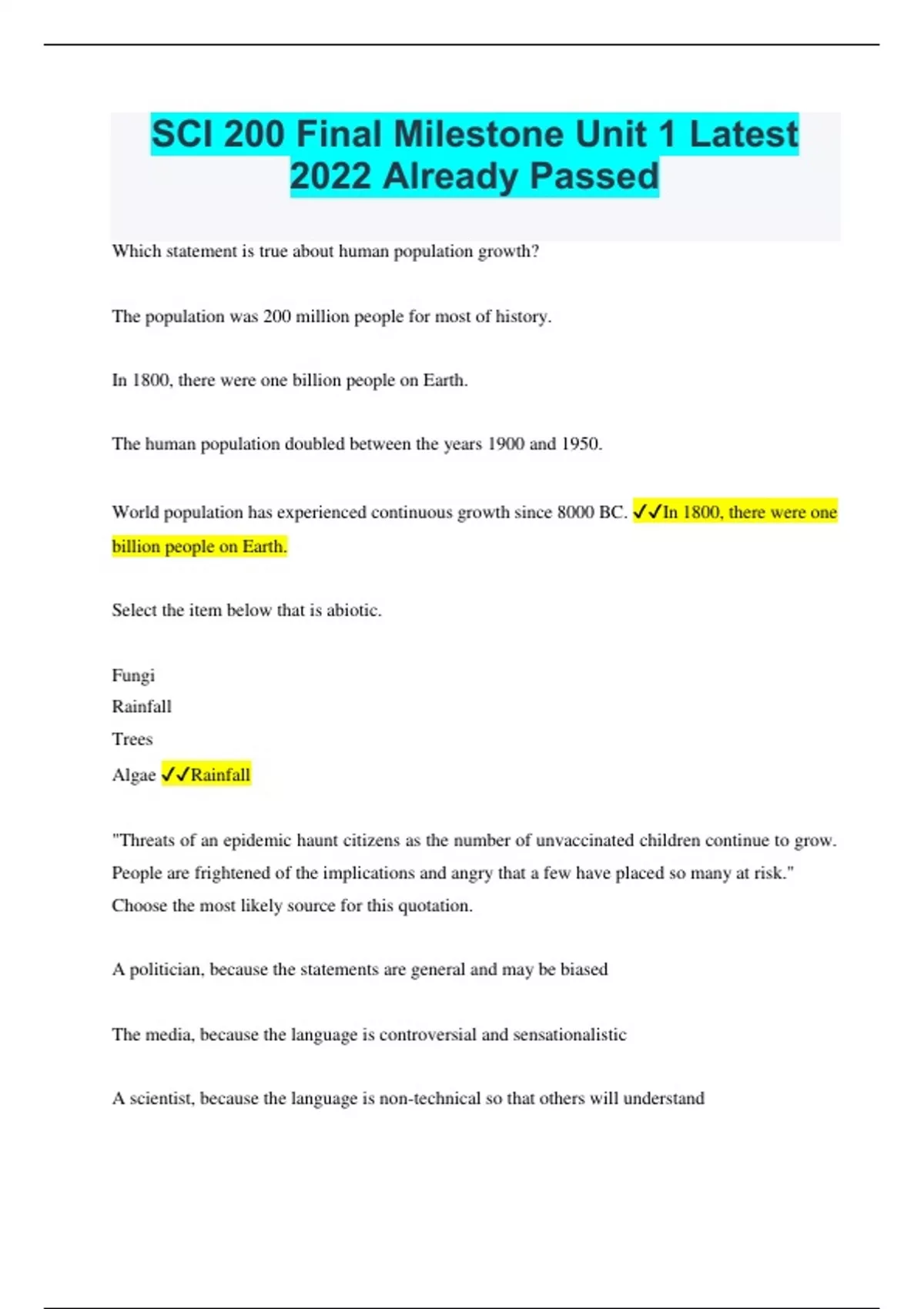SCI 200 Final Milestone Unit 1 Latest 2022 Already Passed - SCI - Stuvia US