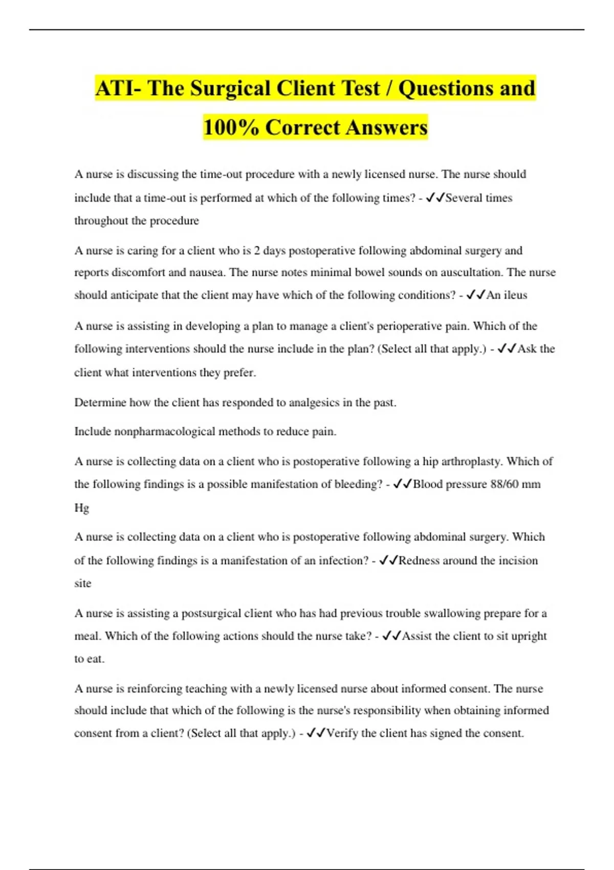 ATI- The Surgical Client Test / Questions and 100% Correct Answers ...