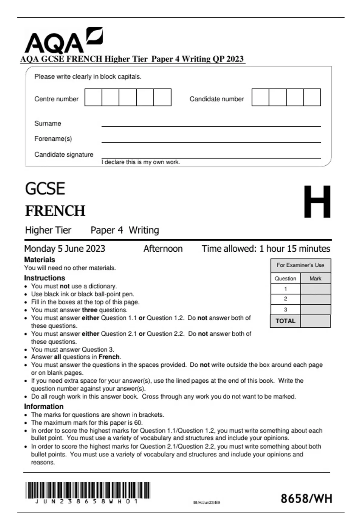 AQA GCSE FRENCH Higher Tier Paper 4 Writing QP 2023 - AQA - Stuvia US