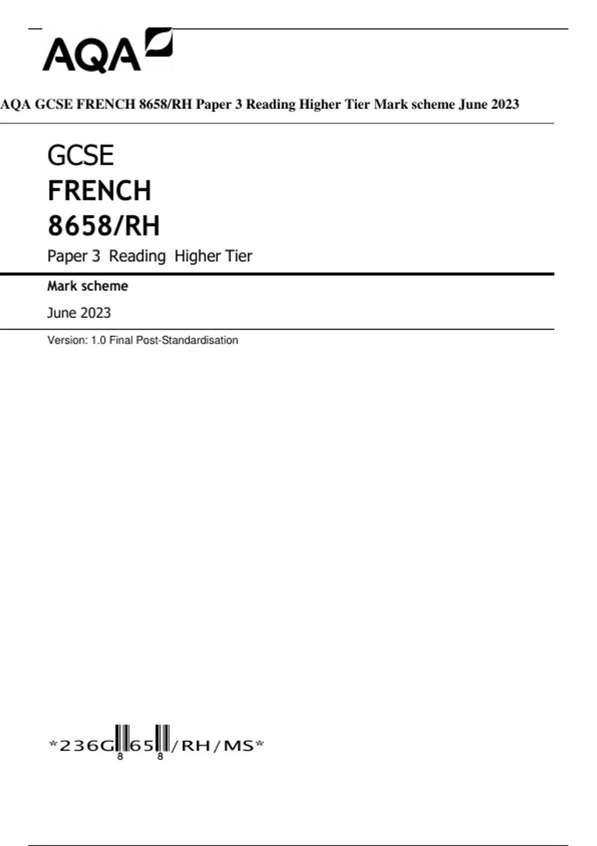 AQA GCSE FRENCH 8658/RH Paper 3 Reading Higher Tier Mark scheme June ...