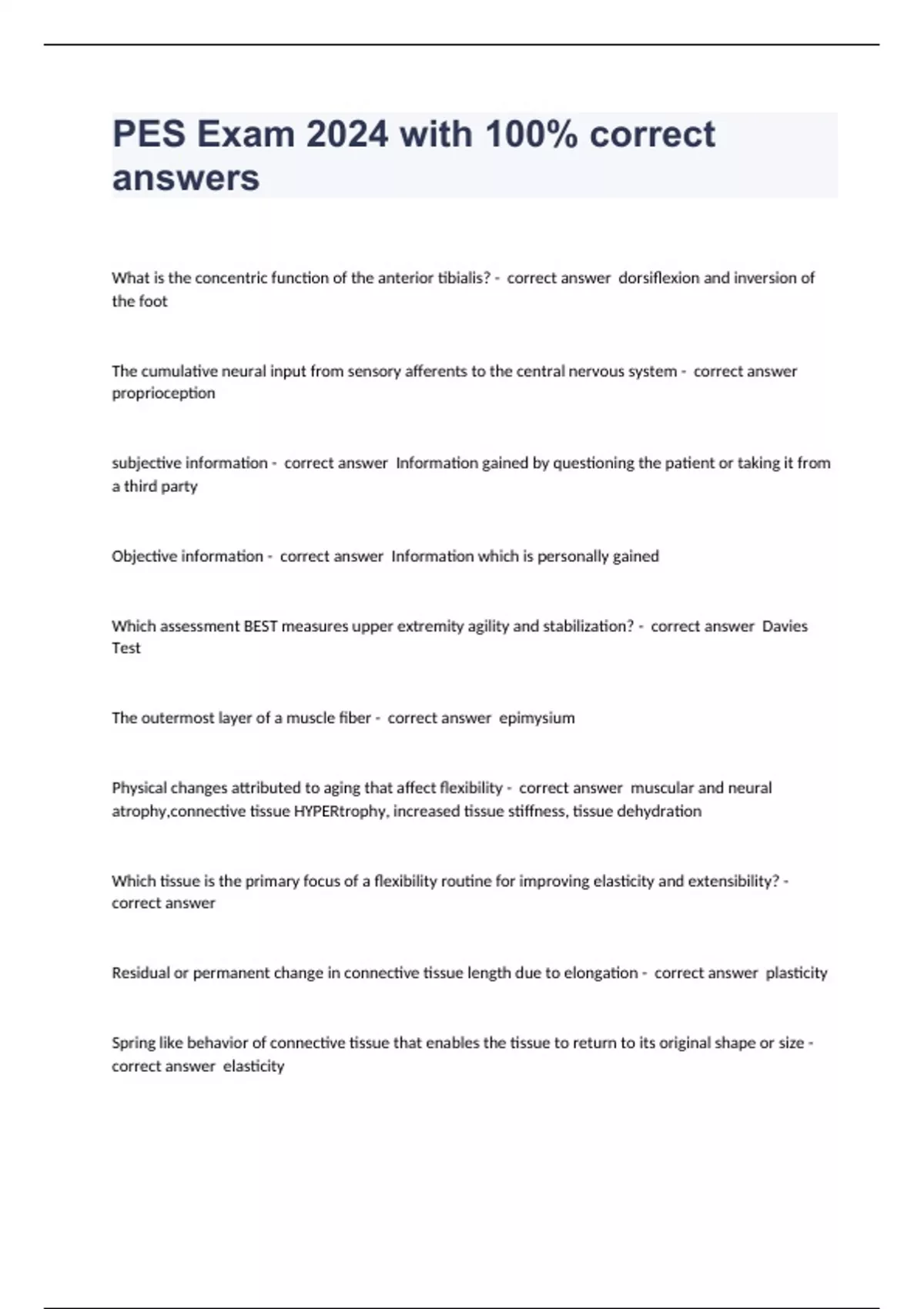 PES Exam 2024 with 100% correct answers - Nasm PES - Stuvia US