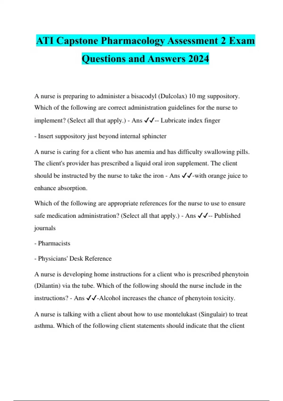 ATI Capstone Pharmacology Assessment 2 Exam Questions and Answers 2024 ...