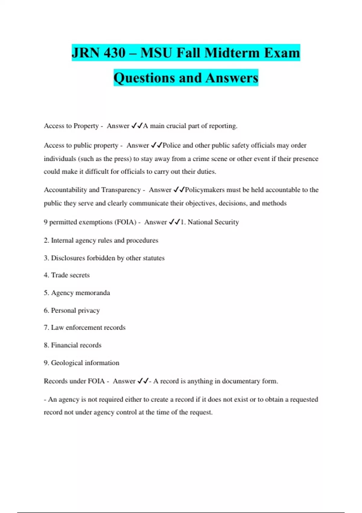 JRN 430 – MSU Fall Midterm Exam Questions and Answers - JRN 430 - Stuvia US