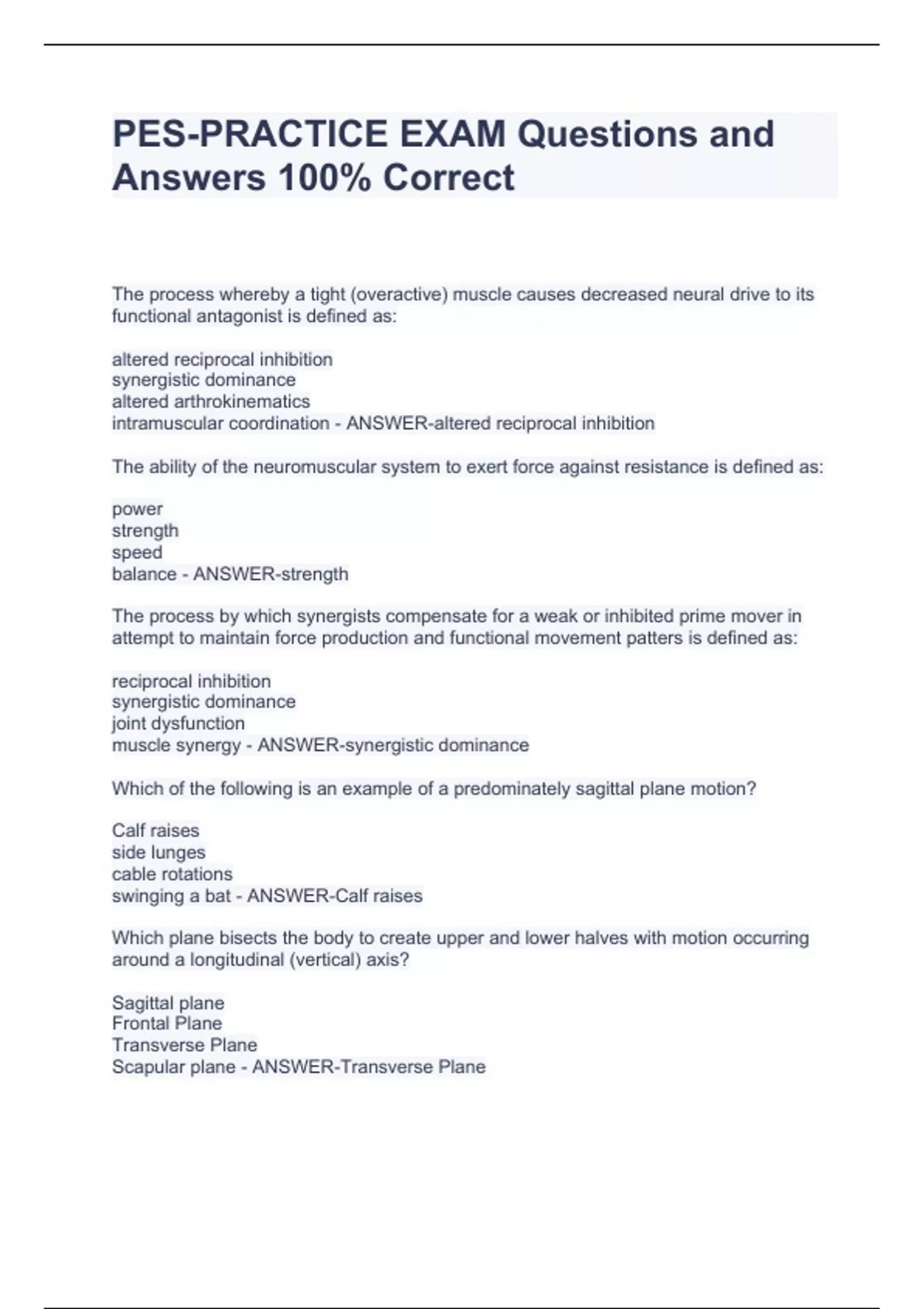 PES-PRACTICE EXAM Questions and Answers 100% Correct - Pes - Stuvia US