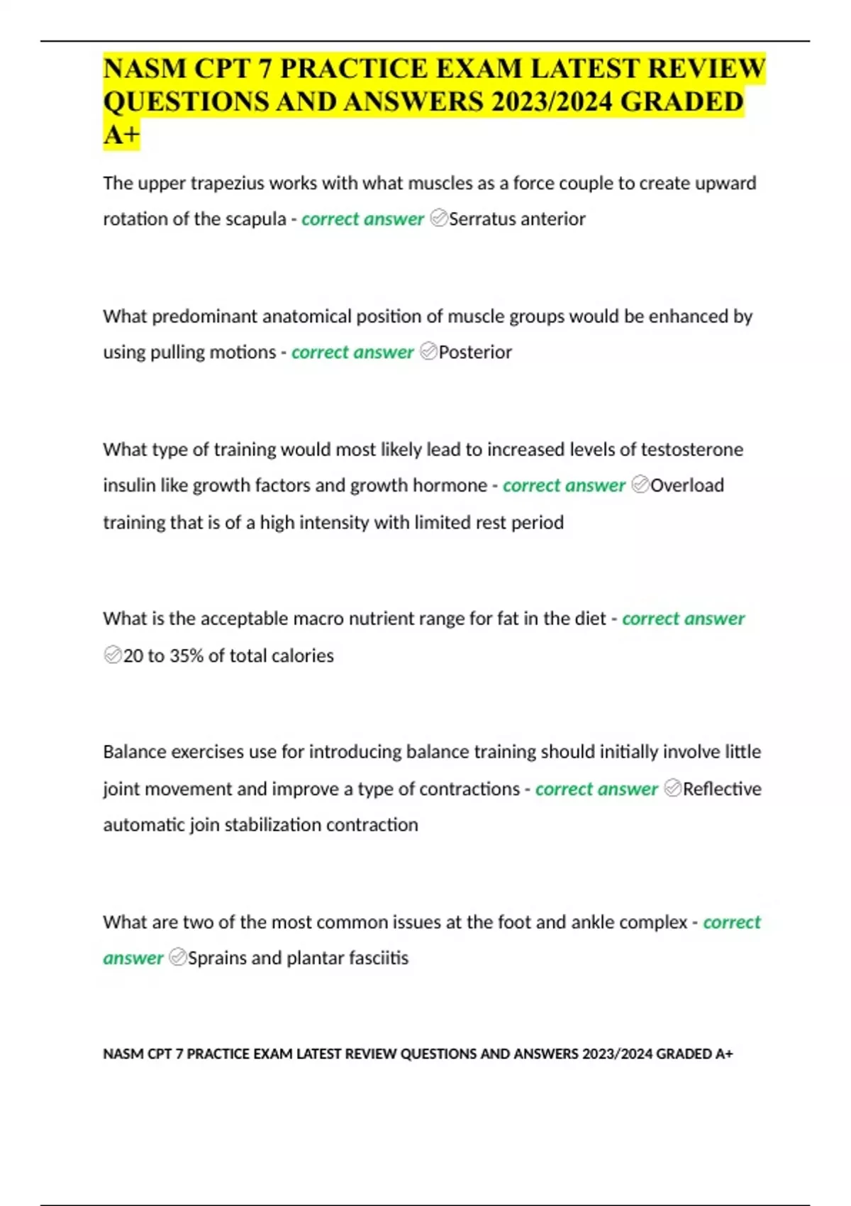 NASM CPT 7 PRACTICE EXAM LATEST REVIEW QUESTIONS AND ANSWERS 2023/2024 ...