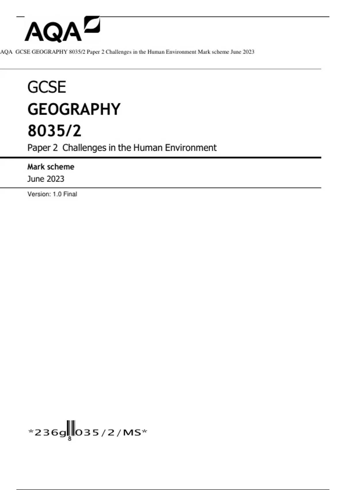 AQA GCSE GEOGRAPHY 8035/2 Paper 2 Challenges in the Human Environment ...