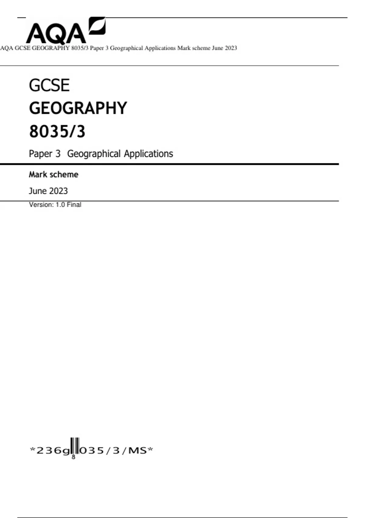 AQA GCSE GEOGRAPHY 8035/3 Paper 3 Geographical Applications Mark scheme ...