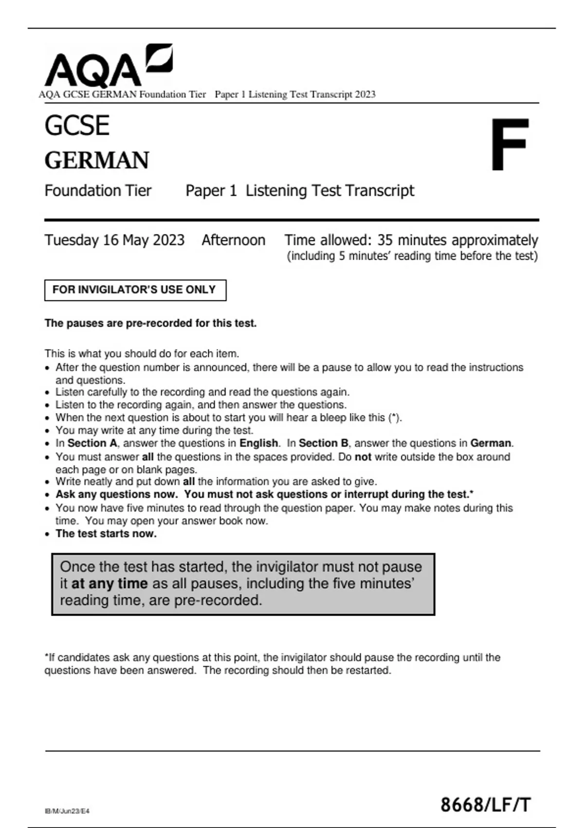 AQA GCSE GERMAN Foundation Tier Paper 1 Listening Test Transcript 2023 ...