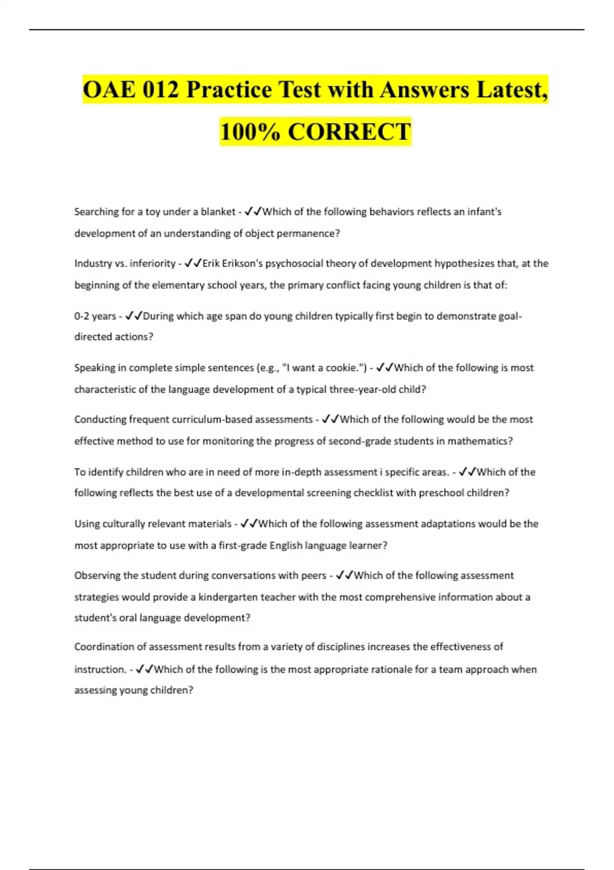 OAE 012 Practice Test with Answers Latest, 100% CORRECT - Practical ...