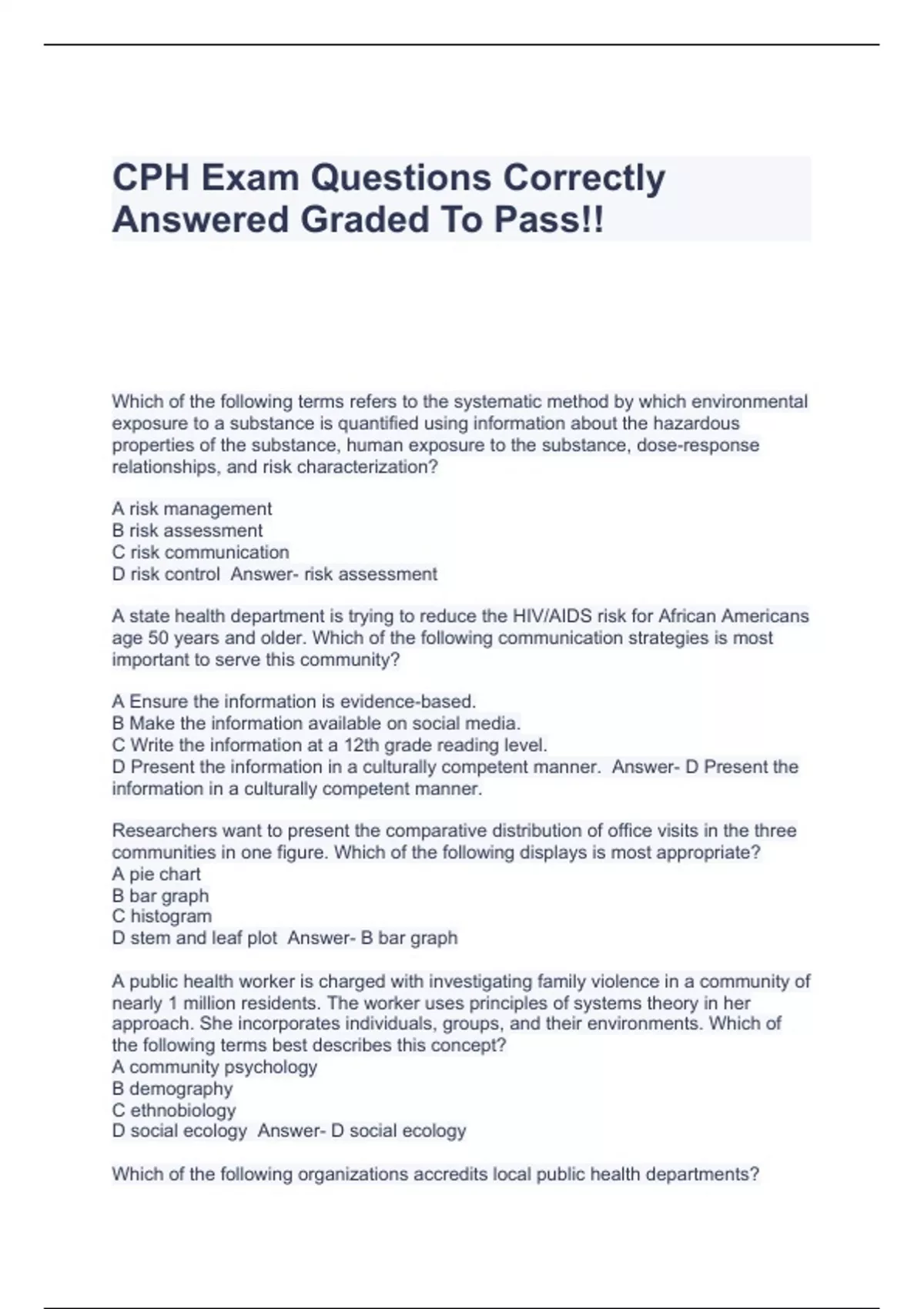CPH Exam Questions Correctly Answered Graded To Pass!! - CPH ...