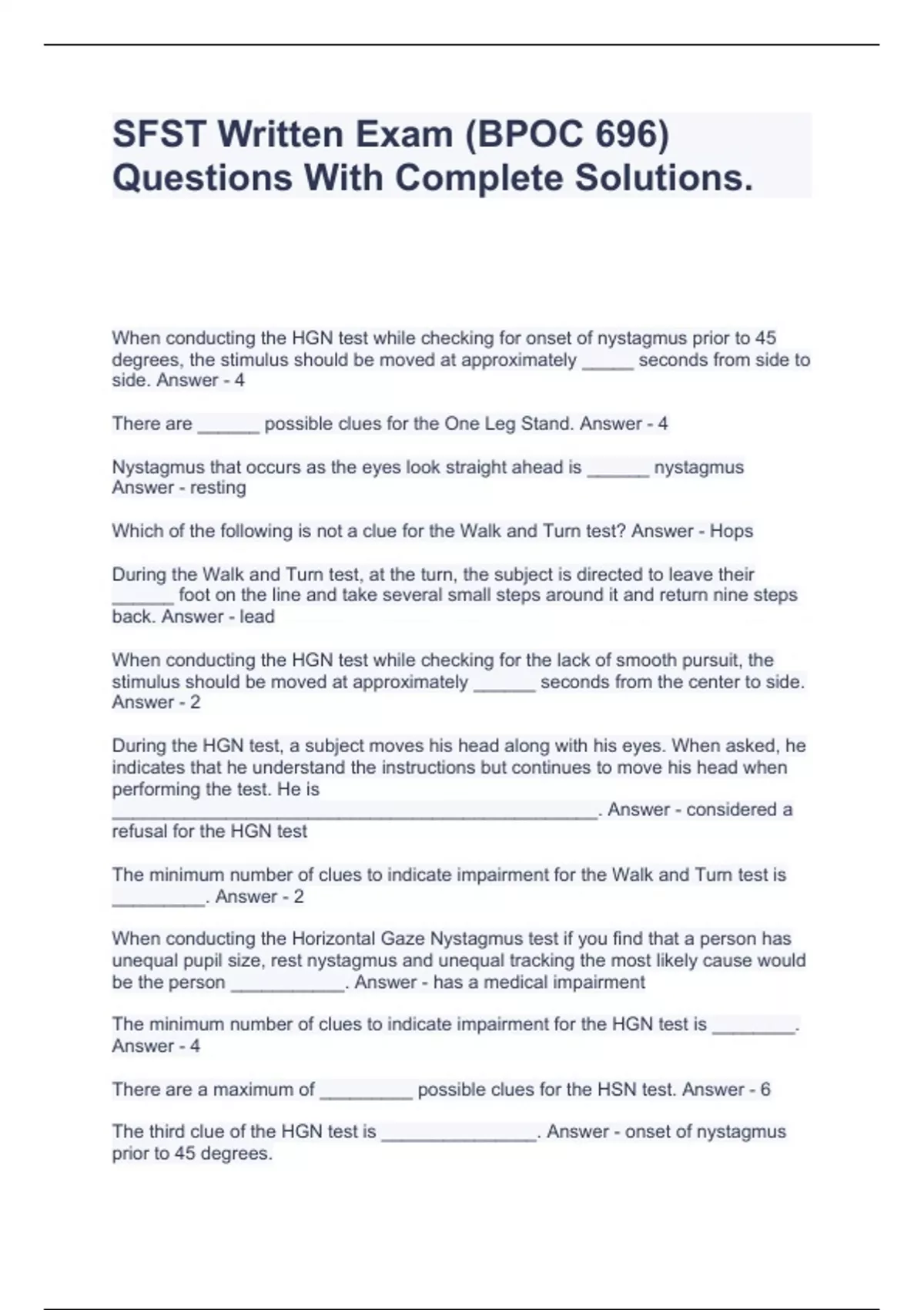 SFST Written Exam (BPOC 696) Questions With Complete Solutions. - SFST ...