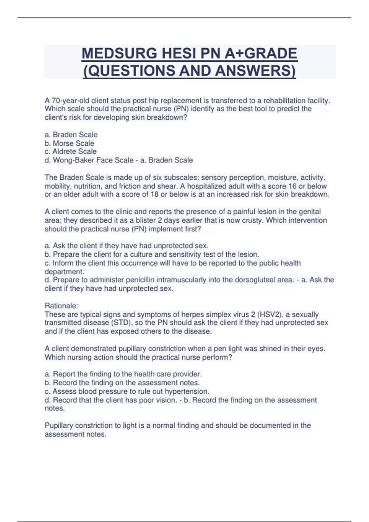 MEDSURG HESI PN A+GRADE (QUESTIONS AND ANSWERS) - MedSurge Hesi - Stuvia US