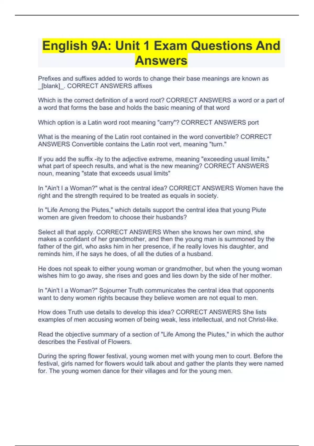 English 9A: Unit 1 Exam Questions And Answers - English - Stuvia US
