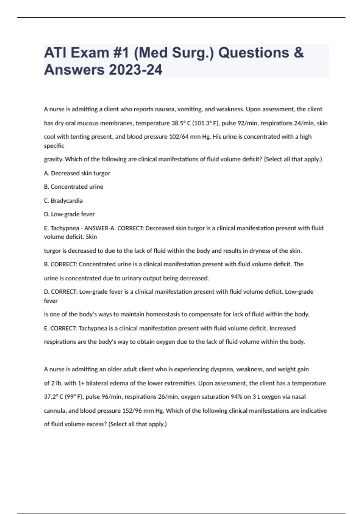 ATI Exam #1 (Med Surg.) Questions & Answers 2023-24 - ATI - Stuvia US
