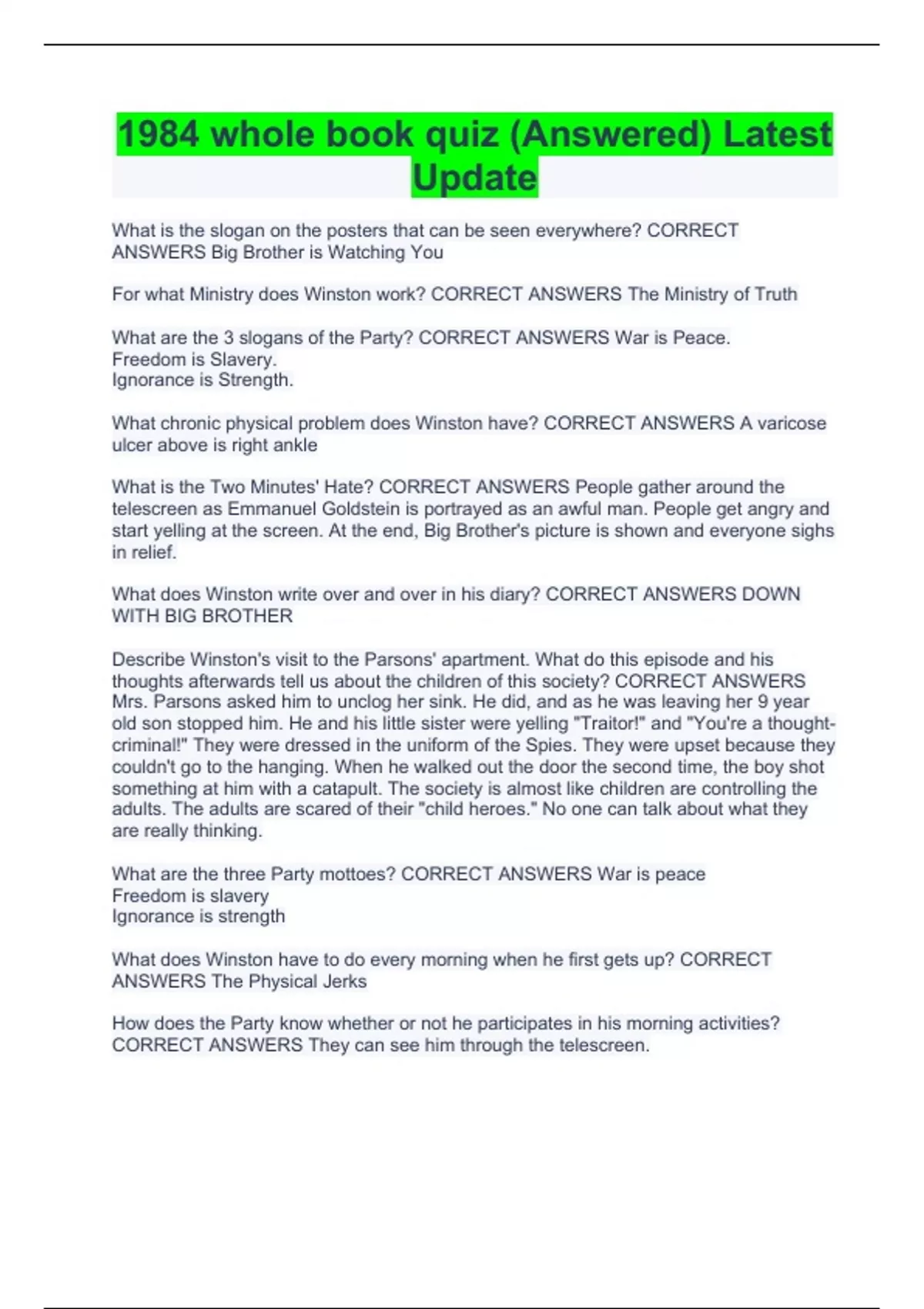 1984 whole book quiz (Answered) Latest Update - 1984 - Stuvia US