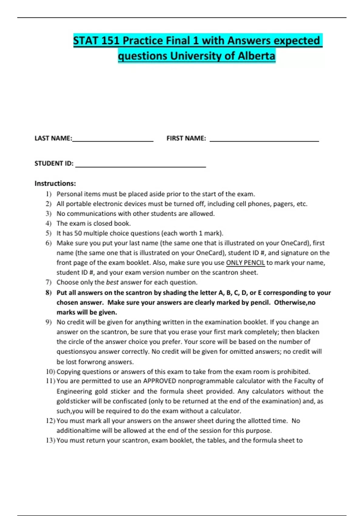 STAT 151 Practice Final 1 with Answers expected questions University of Alberta - STAT 151 ...