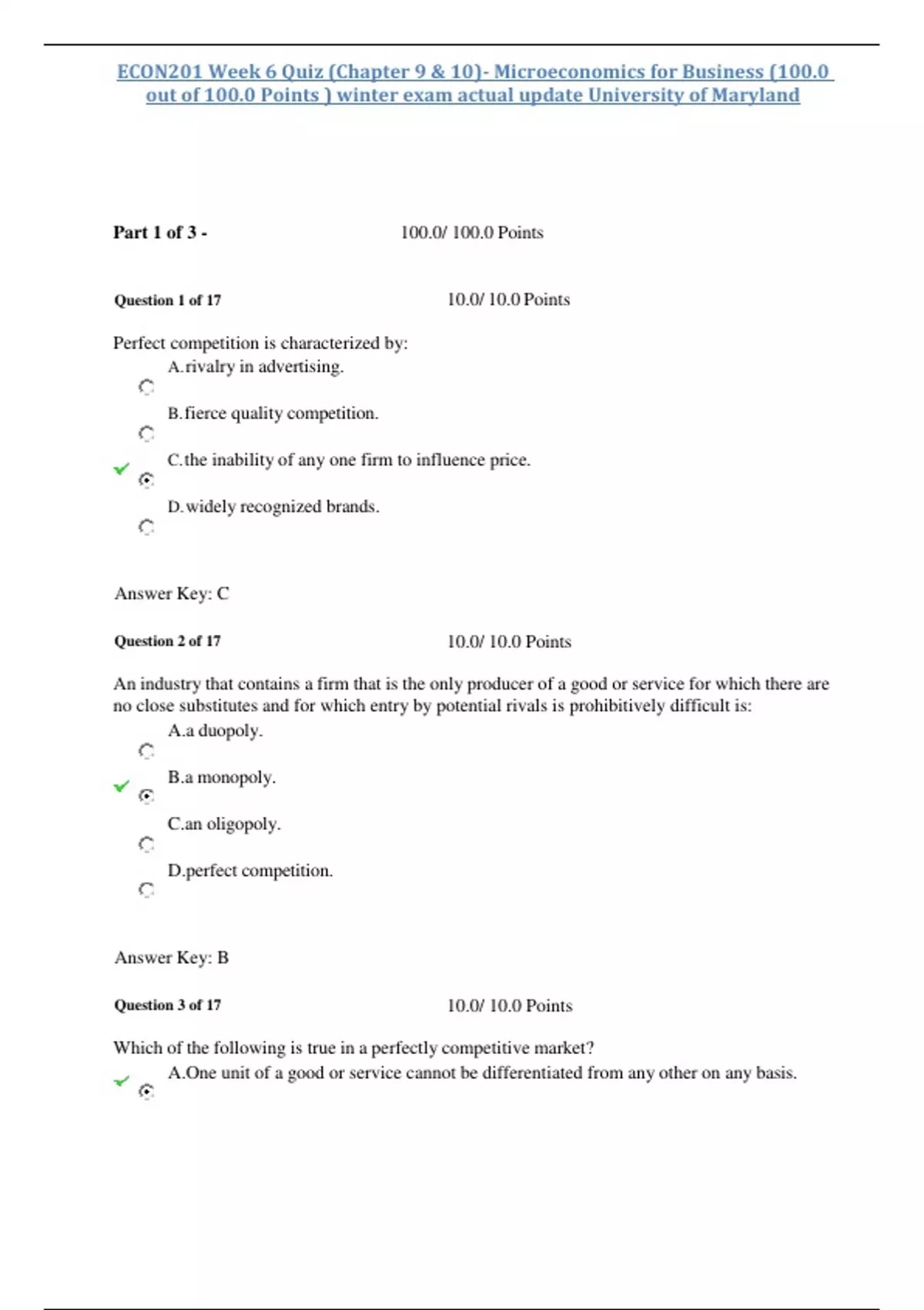 ECON 201 Week 6 Quiz (Chapter 9 & 10)- Microeconomics for Business (100.0 out of 100.0 Points ...