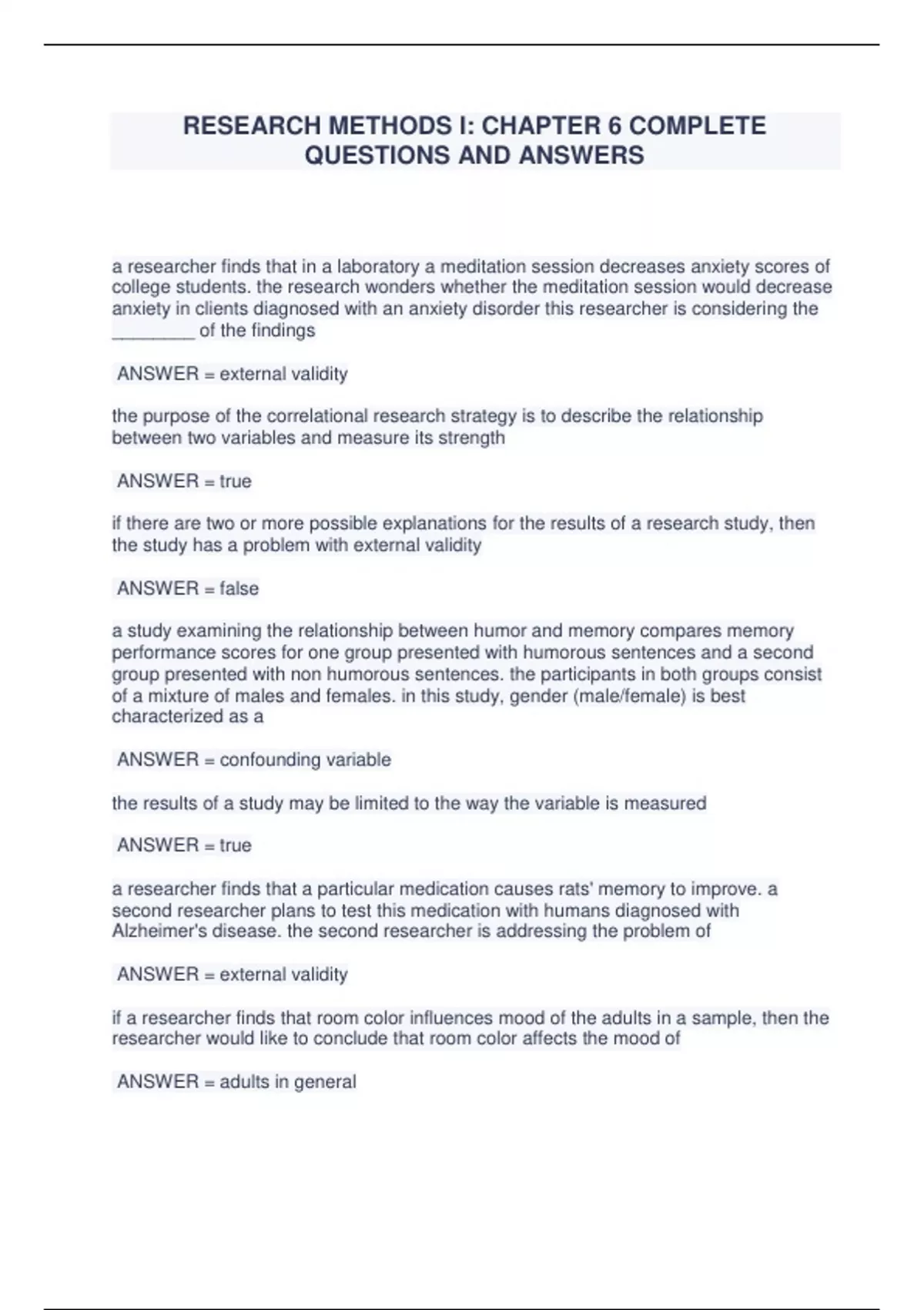 RESEARCH METHODS I: CHAPTER 6 COMPLETE QUESTIONS AND ANSWERS - RESEARCH ...