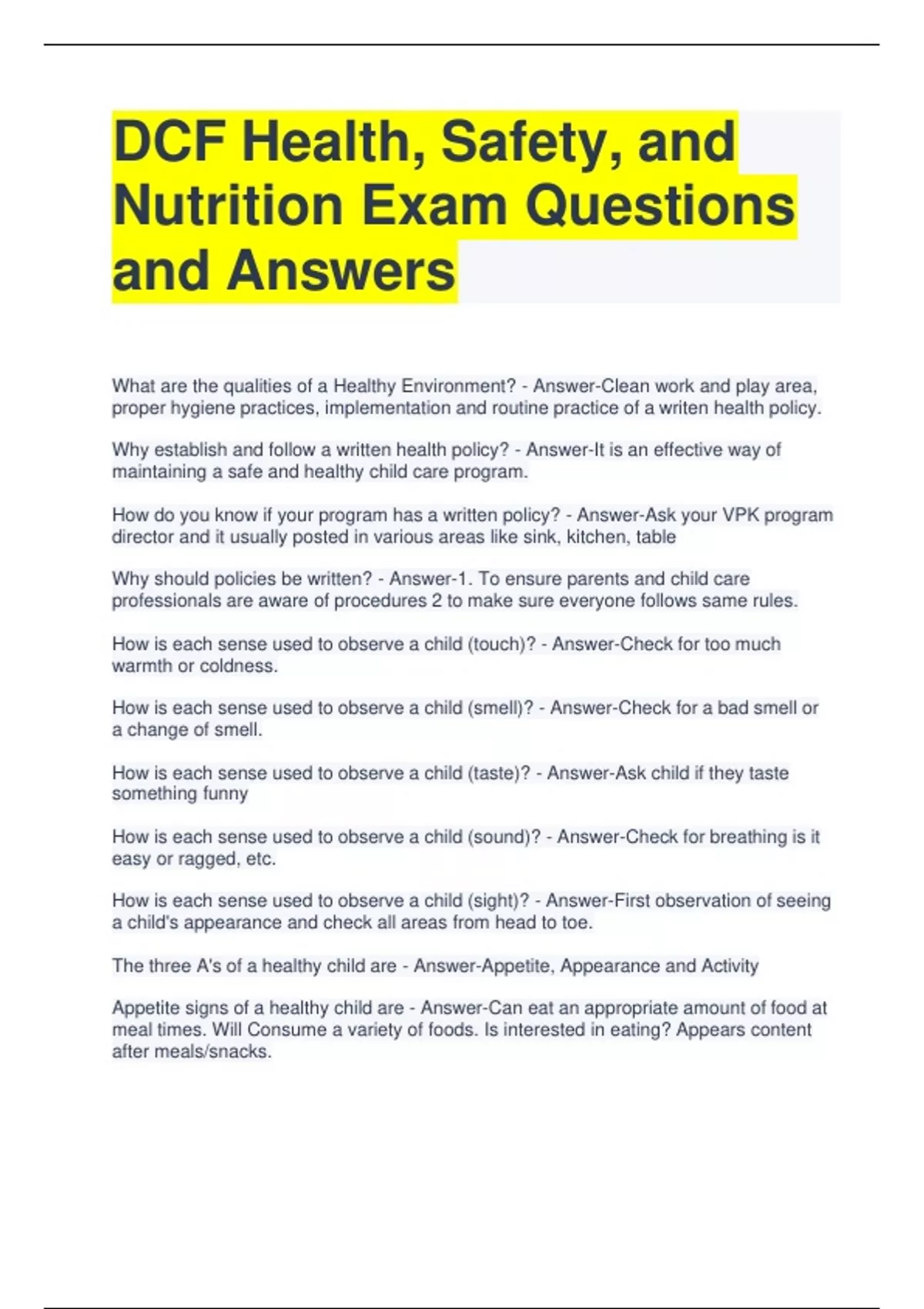 DCF Health, Safety, and Nutrition Exam Questions and Answers - DCF ...