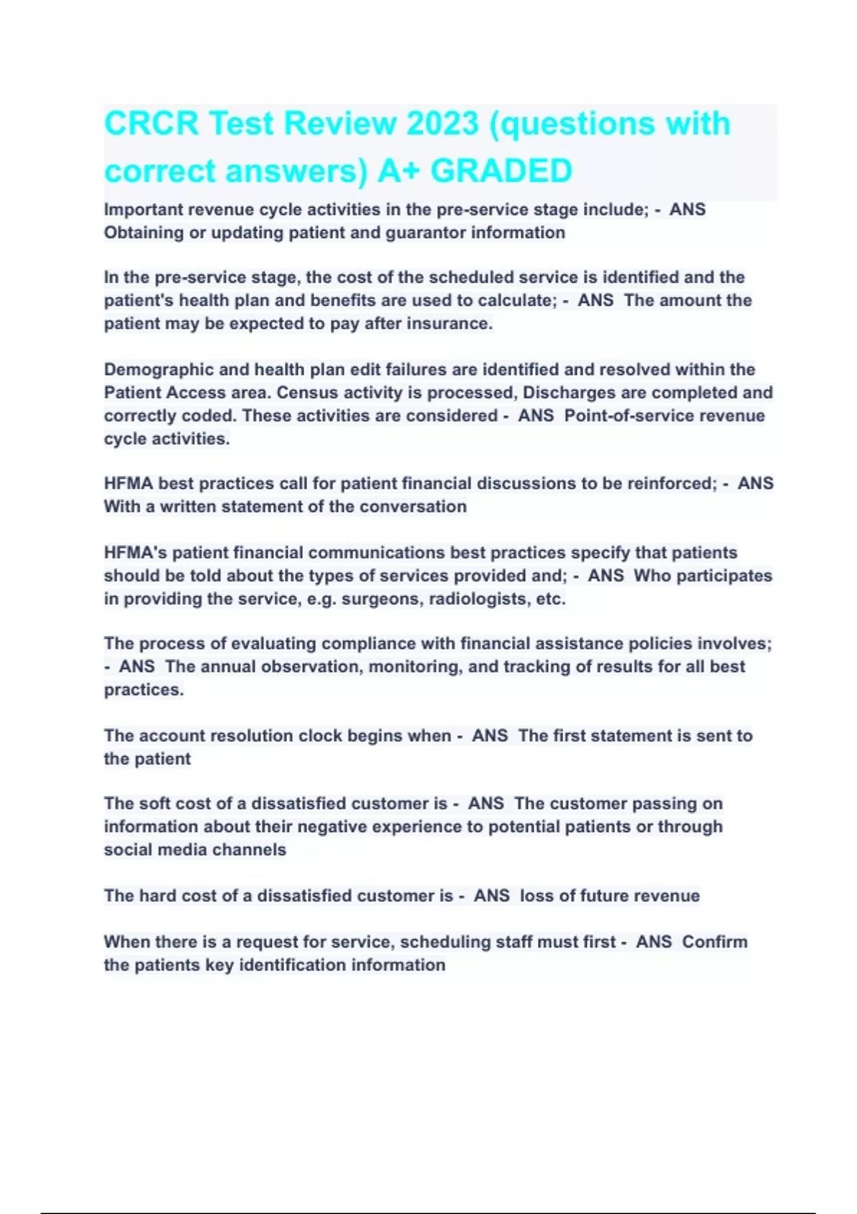 CRCR Test Review 2023 (questions with correct answers) A+ GRADED - CRCR ...