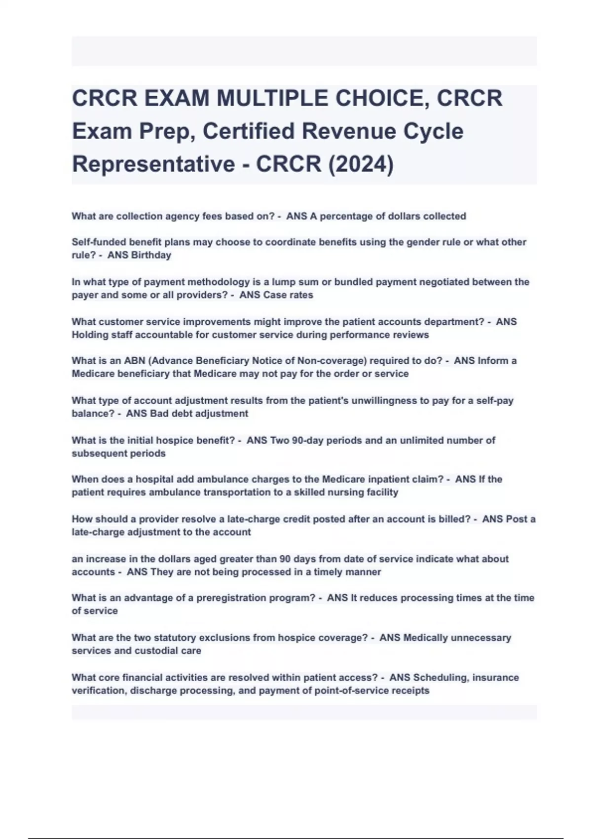 CRCR EXAM MULTIPLE CHOICE, CRCR Exam Prep, Certified Revenue Cycle ...
