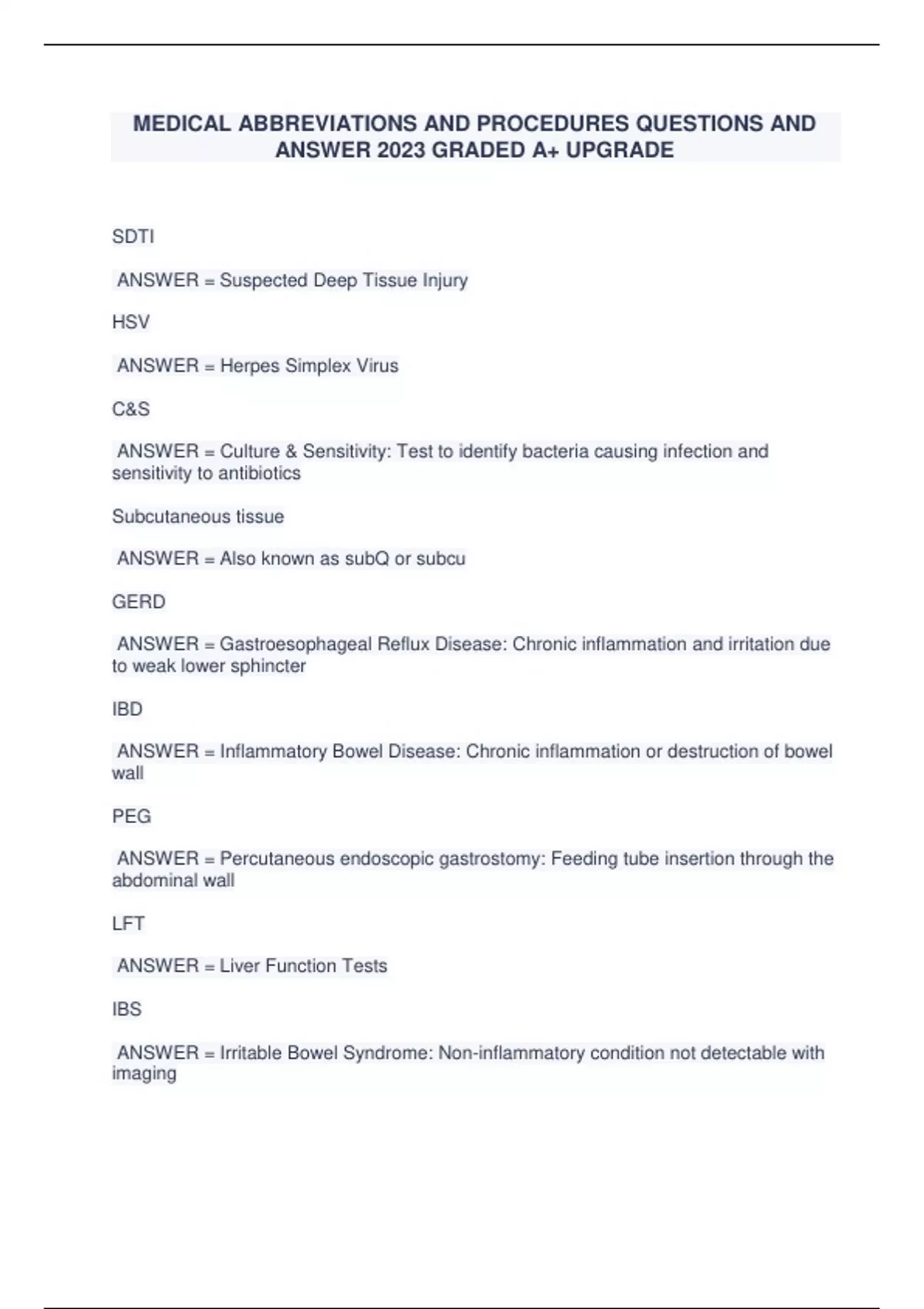 MEDICAL ABBREVIATIONS AND PROCEDURES QUESTIONS AND ANSWER 2023 GRADED ...