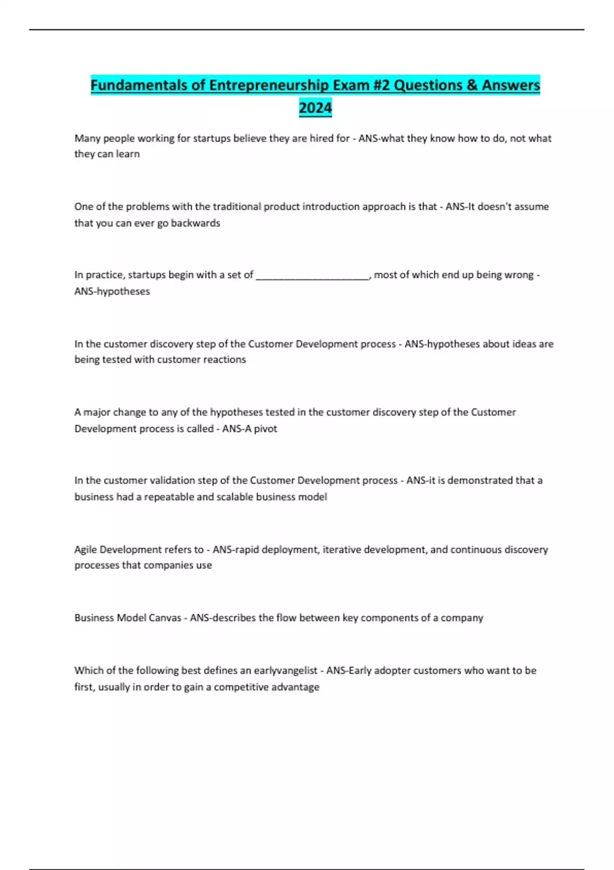 Fundamentals of Entrepreneurship Exam #2 Questions & Answers 2024 ...