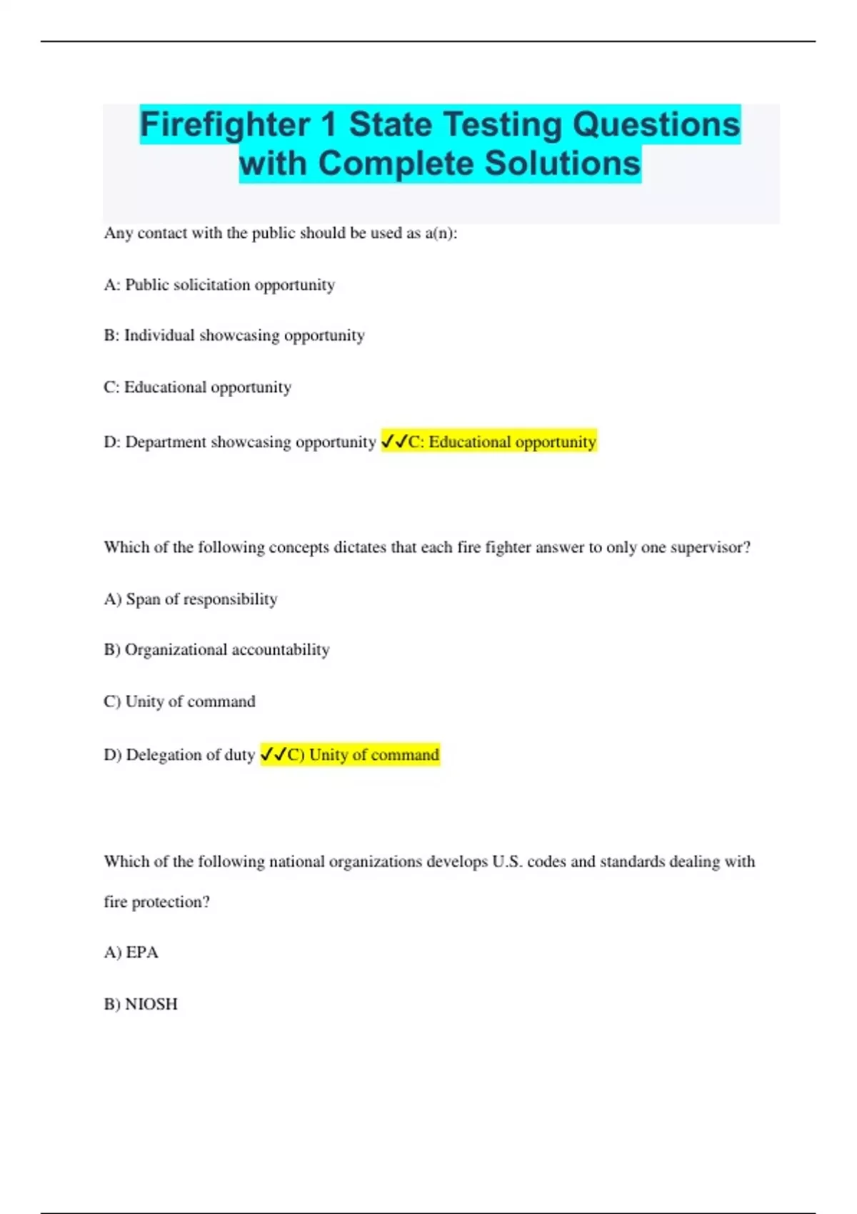 Firefighter 1 State Testing Questions with Complete Solutions ...