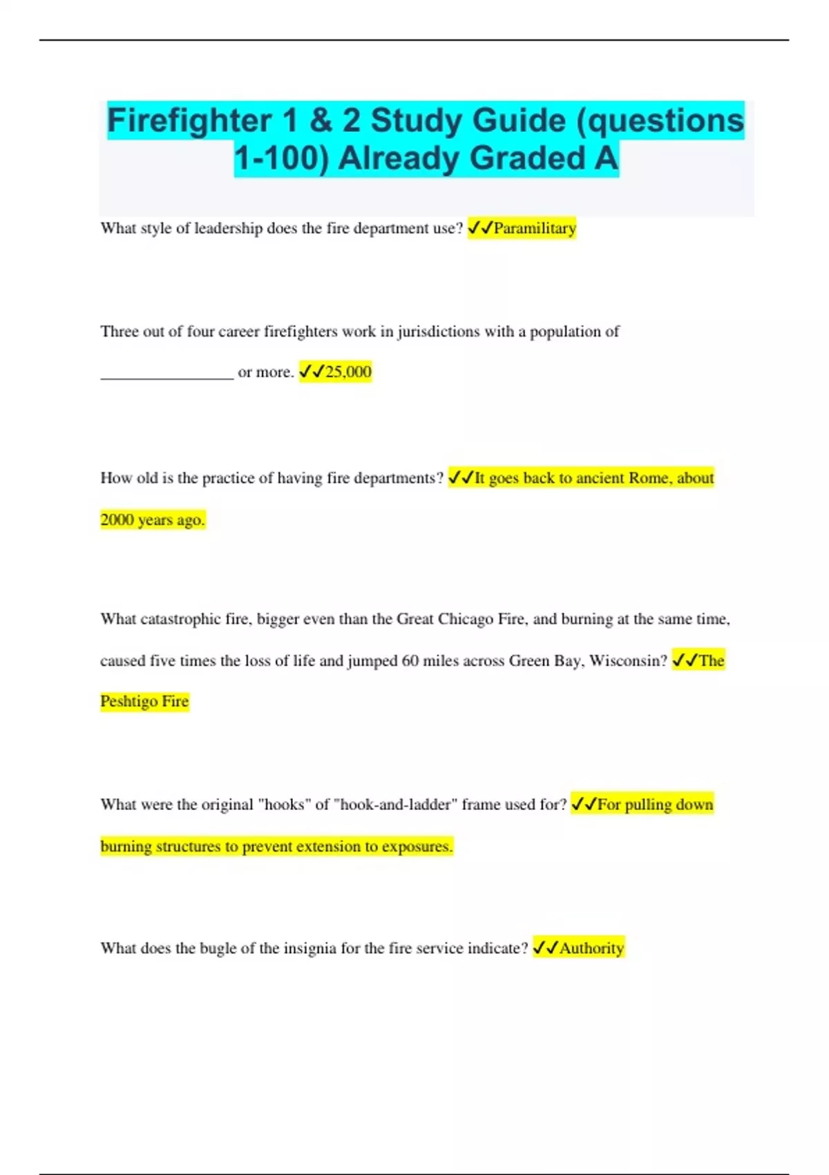 Firefighter 1 & 2 Study Guide (questions 1-100) Already Graded A - Firefighter 1 & 2 - Stuvia US