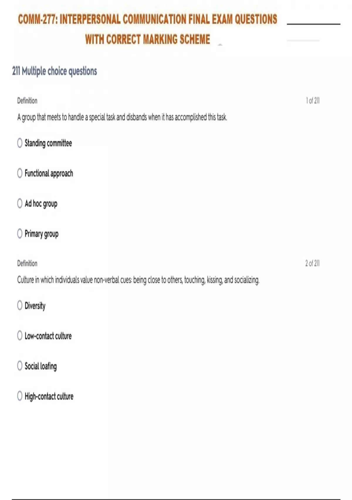 COMM-277: INTERPERSONAL COMMUNICATION FINAL EXAM D QUESTIONS WITH ...