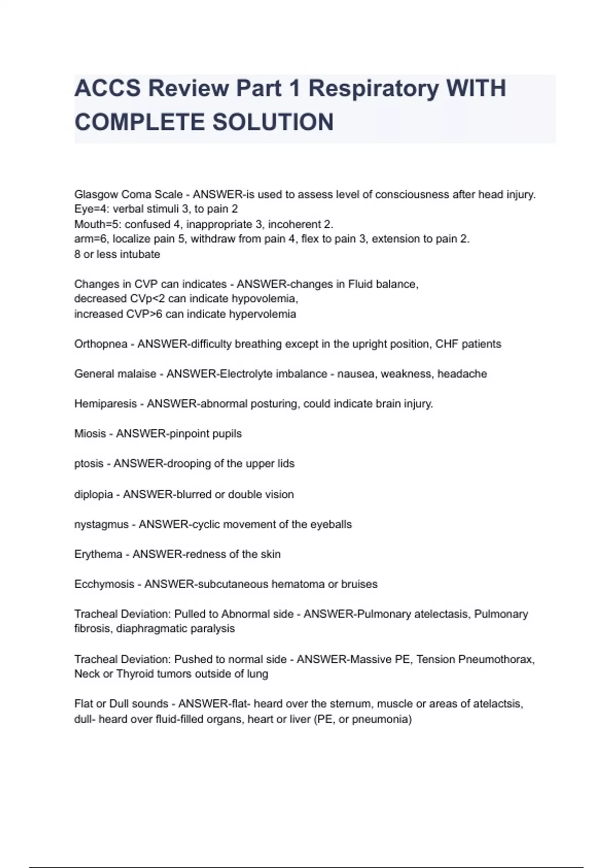 ACCS Review Part 1 Respiratory WITH COMPLETE SOLUTION - ACCS Reviw Part ...