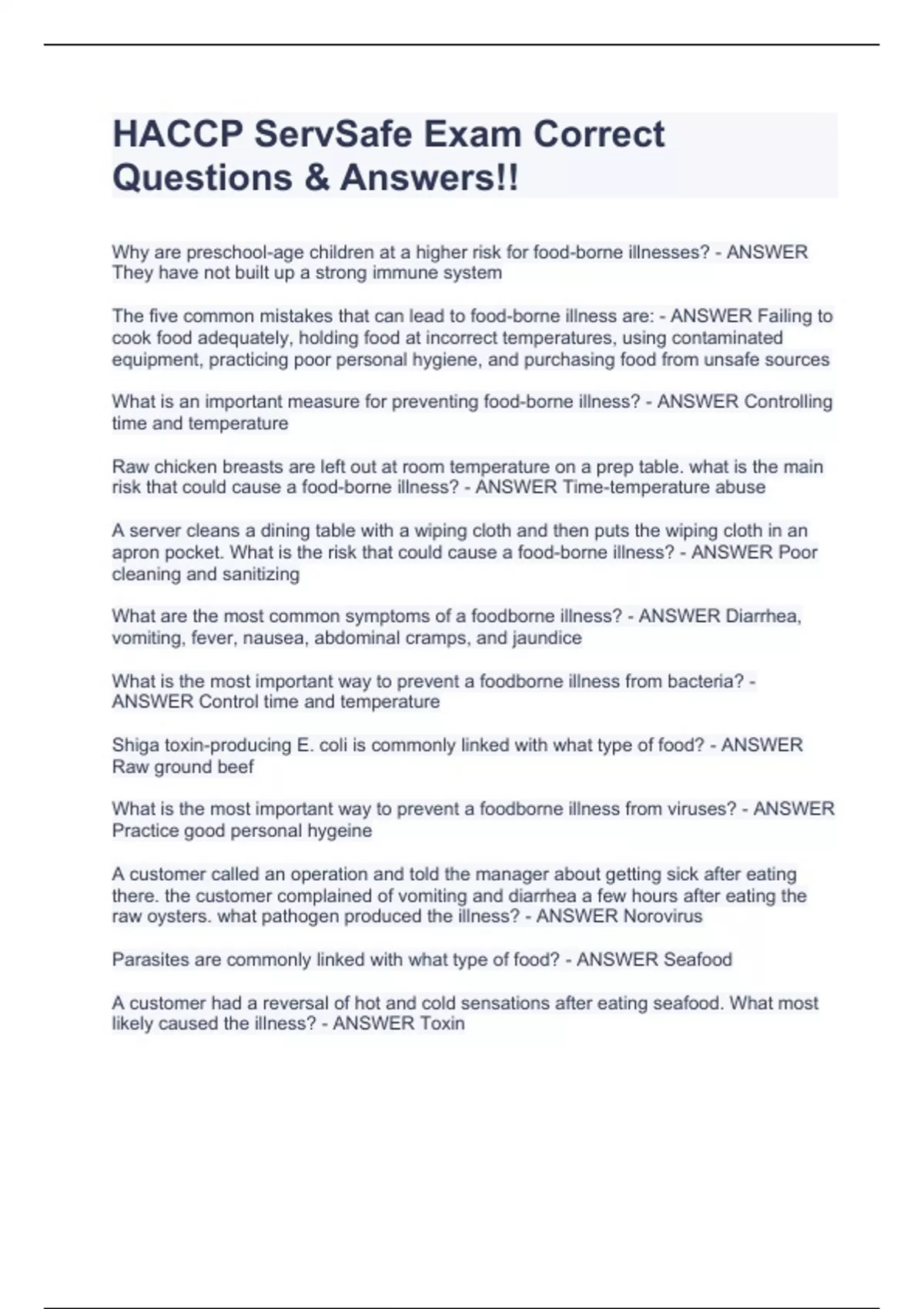 HACCP ServSafe Exam Correct Questions & Answers!! - HACCP - Stuvia US