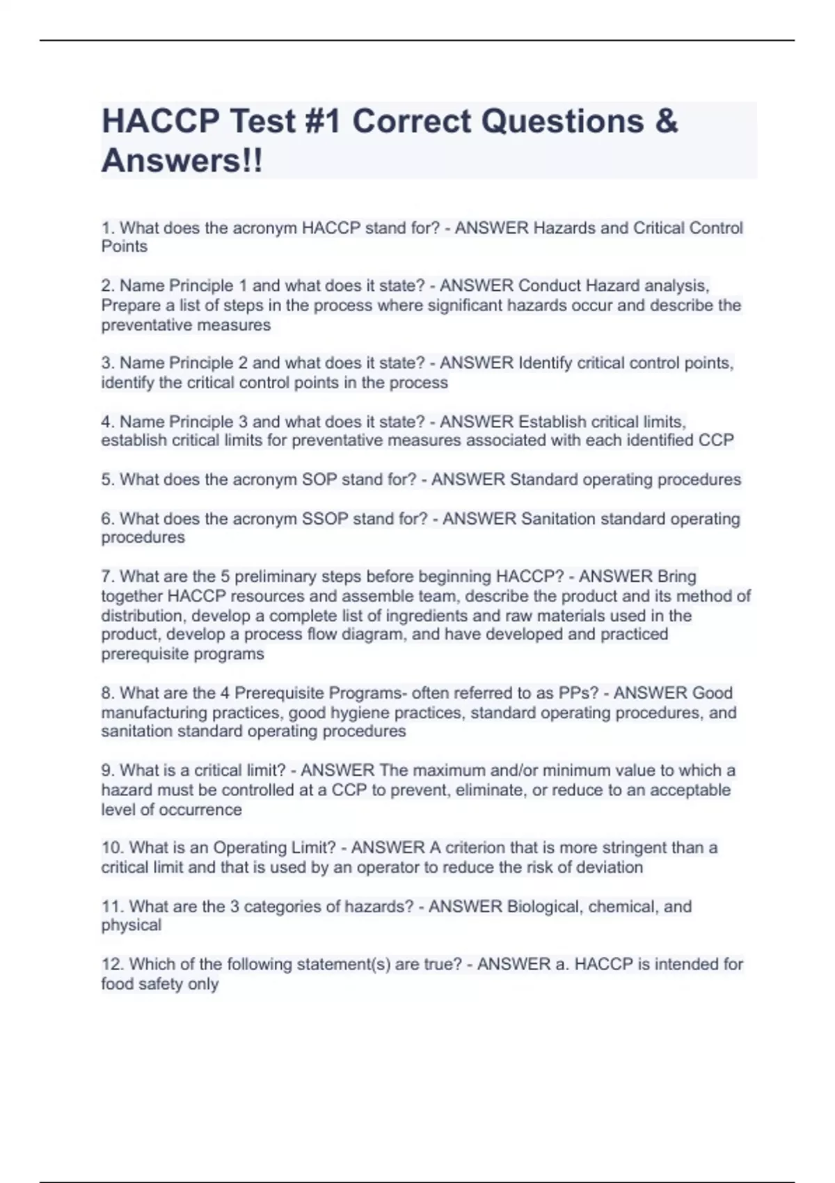 HACCP Test #1 Correct Questions & Answers!! - HACCP - Stuvia US